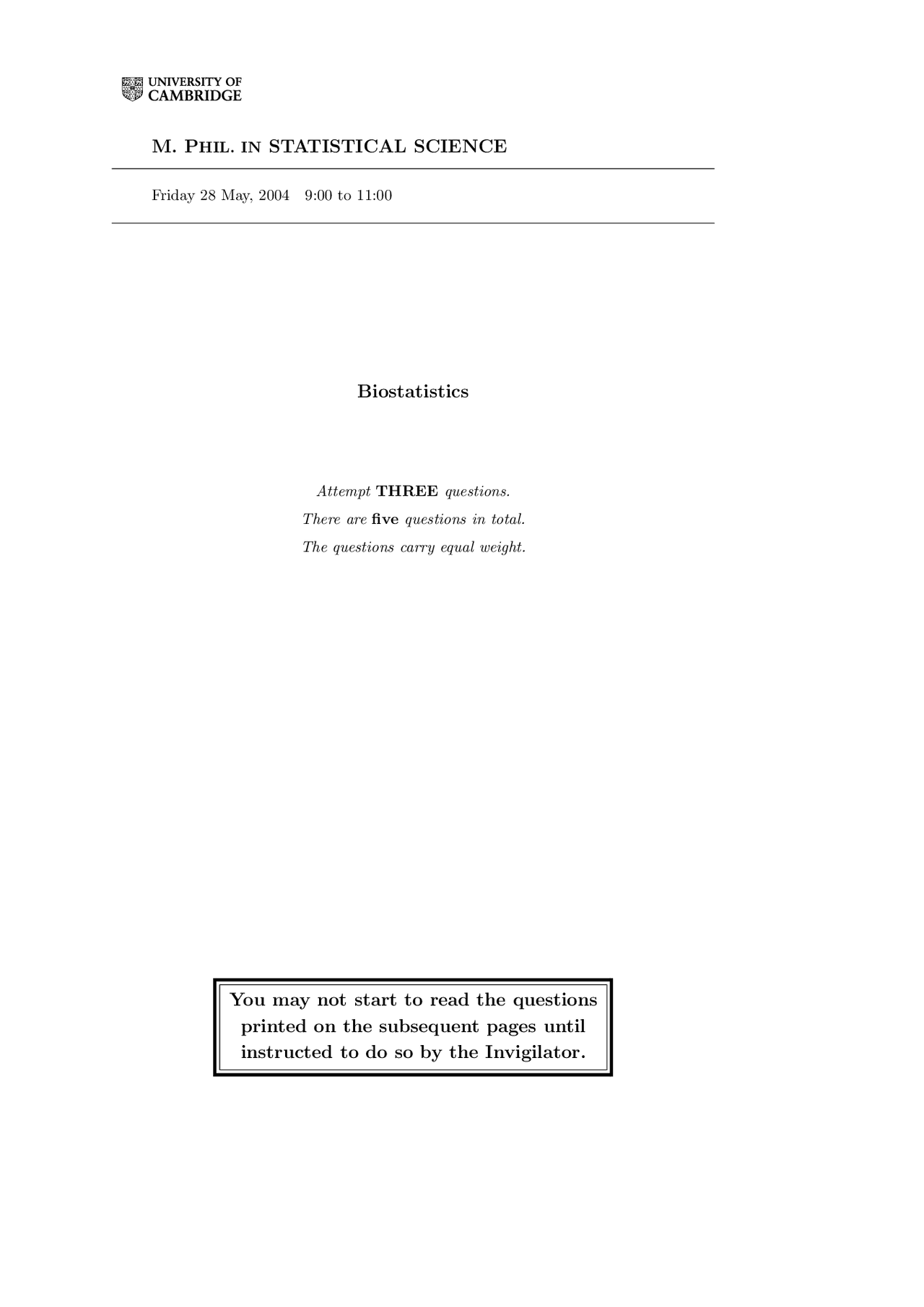 Biostatistics Two Statistical Science Exam Docsity