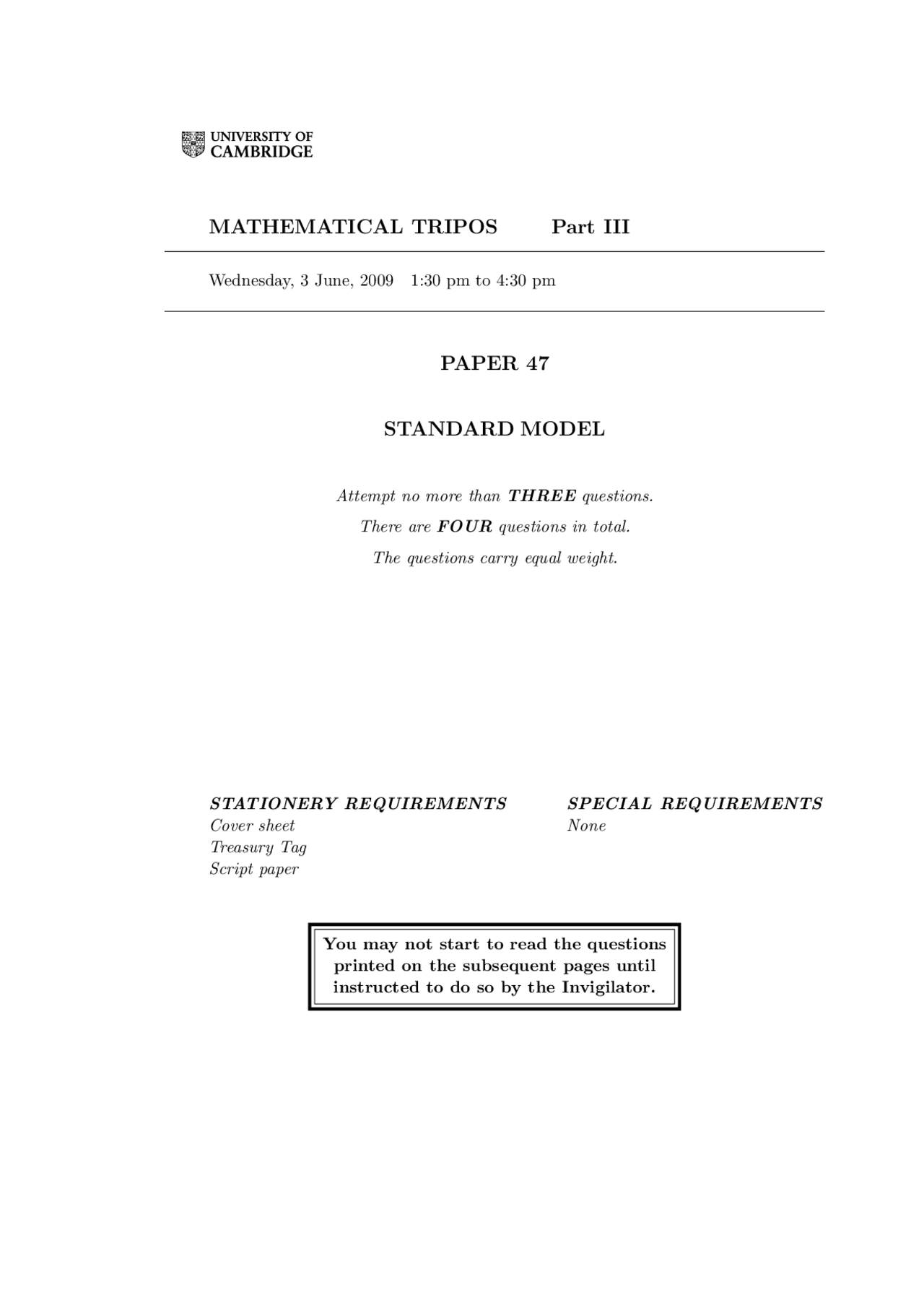 Standard Model - Mathematical Tripos - Exam Paper | Exams Mathematics ...