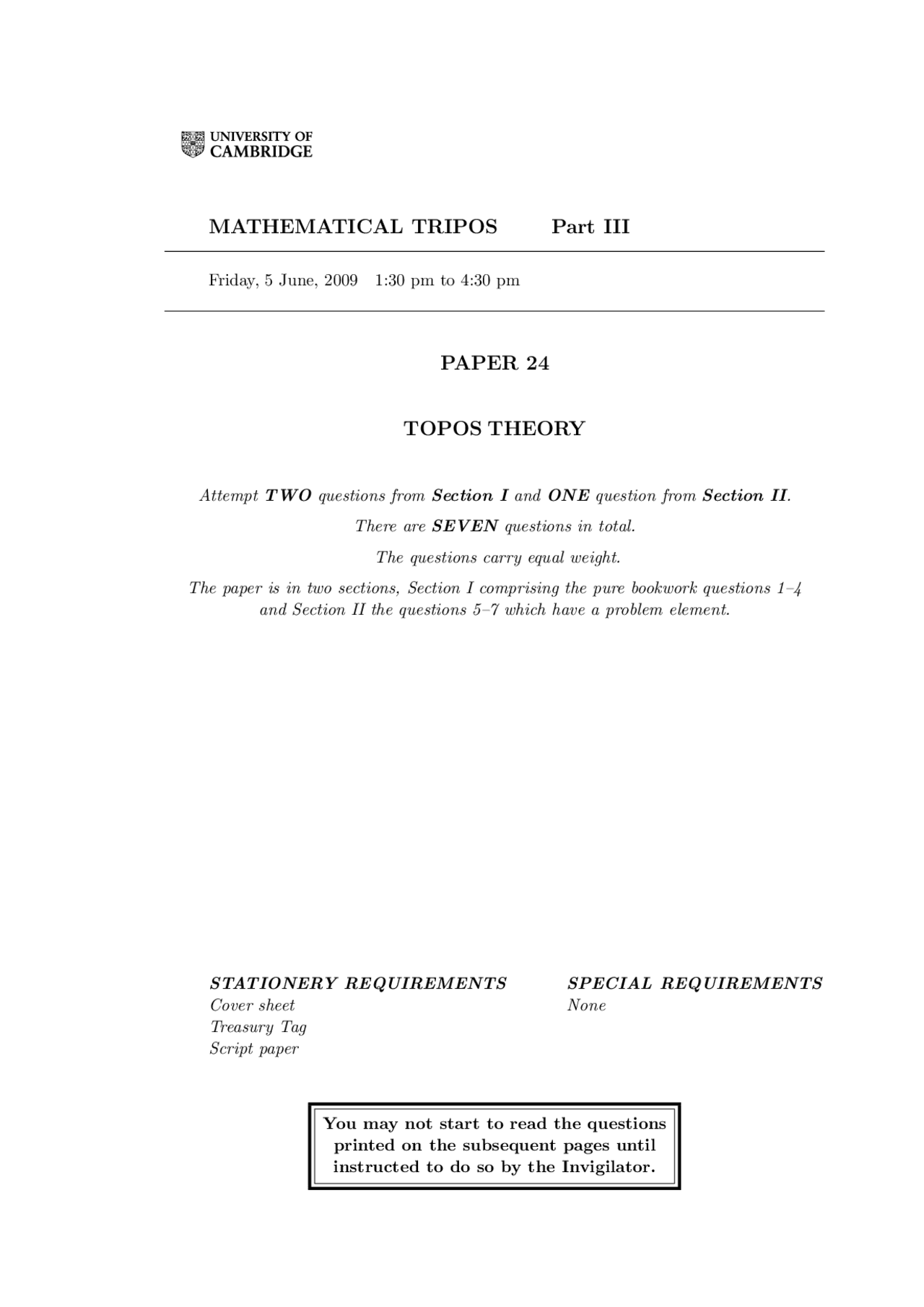 Topos Theory - Mathematical Tripos - Exam Paper - Docsity