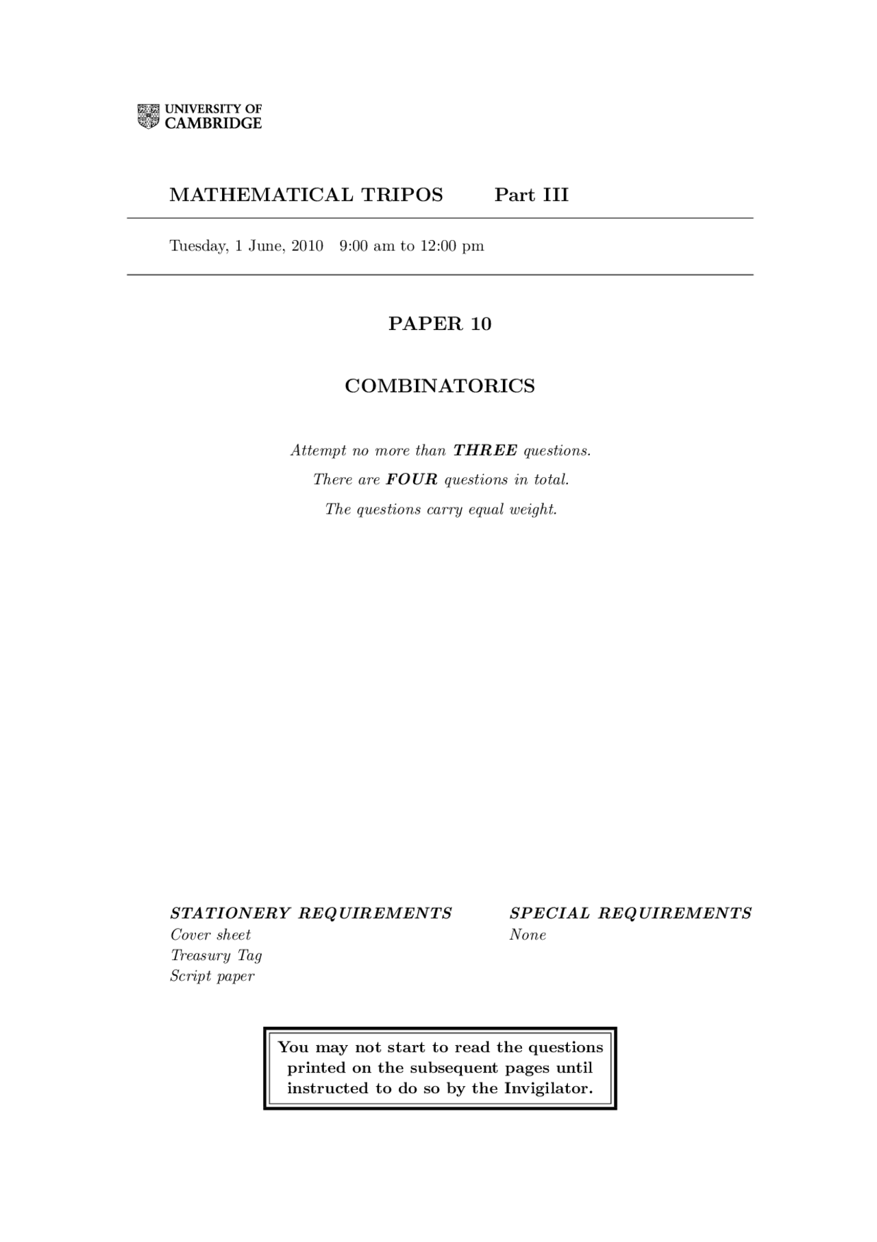 Combinatorics Mathematical Tripos Final Exam Docsity
