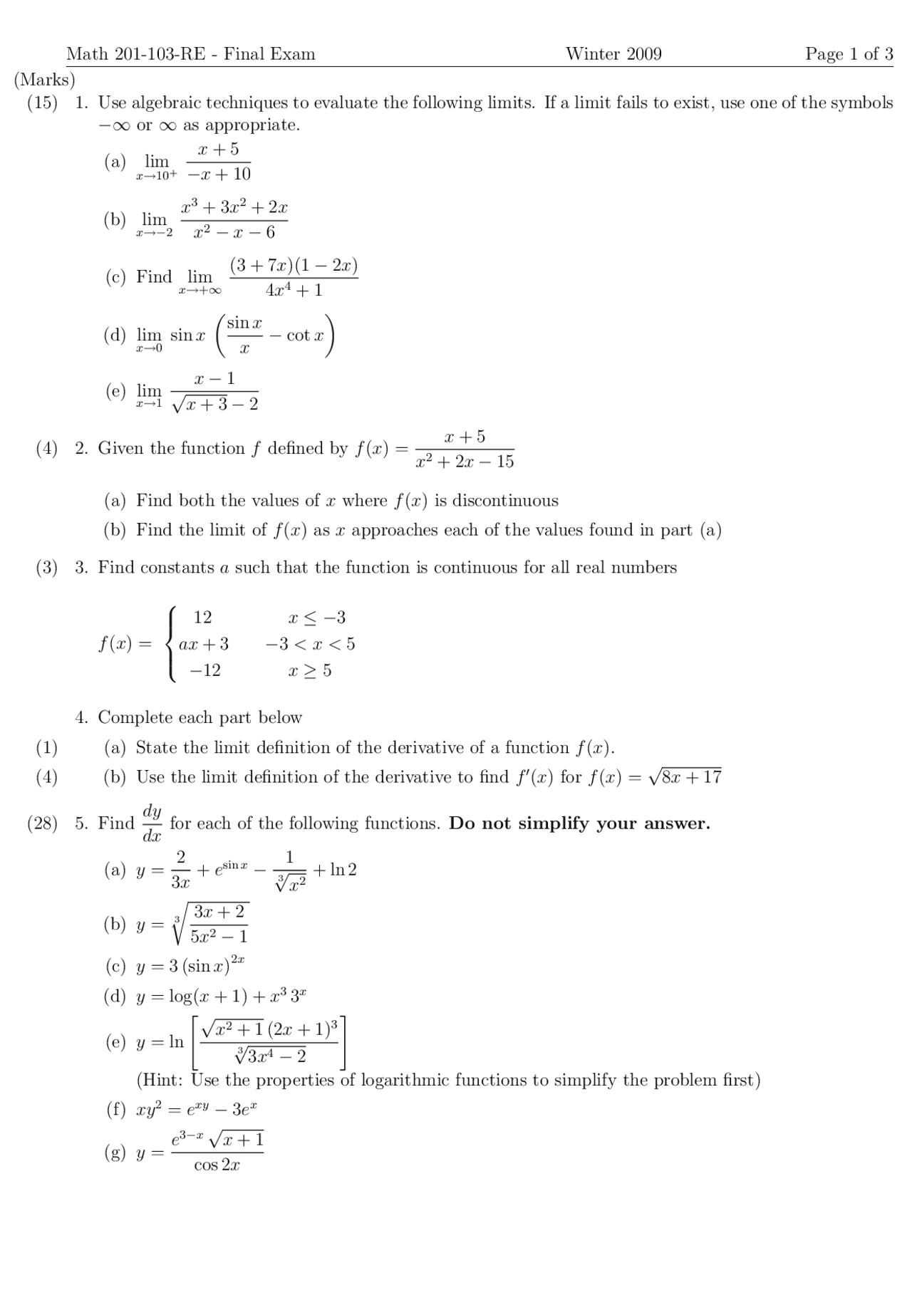 Algebraic Techniques Calculus Non Science Exam Docsity