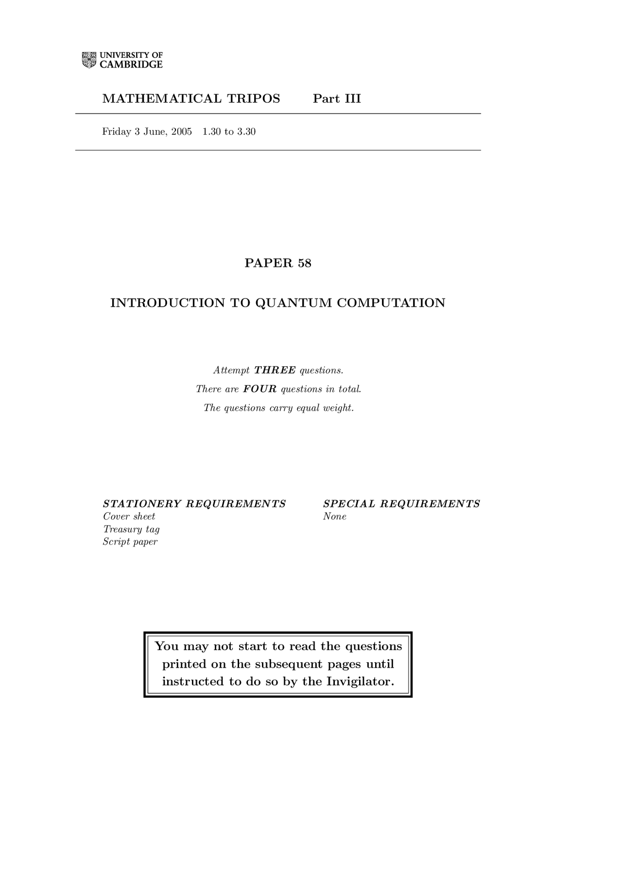 Introduction To Quantum Information Mathematical Tripos Past Exam