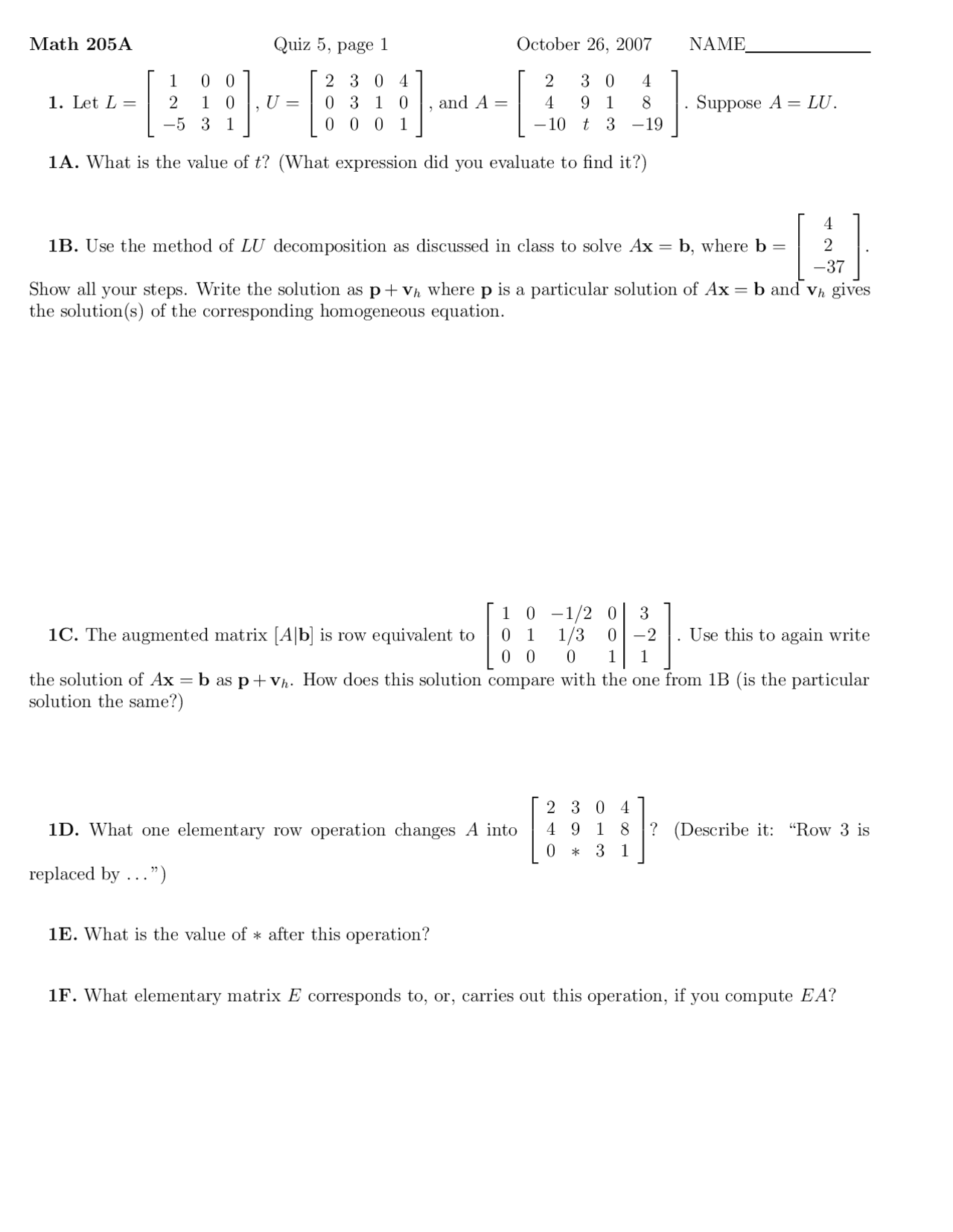Decomposition Linear Algebra Quiz Docsity