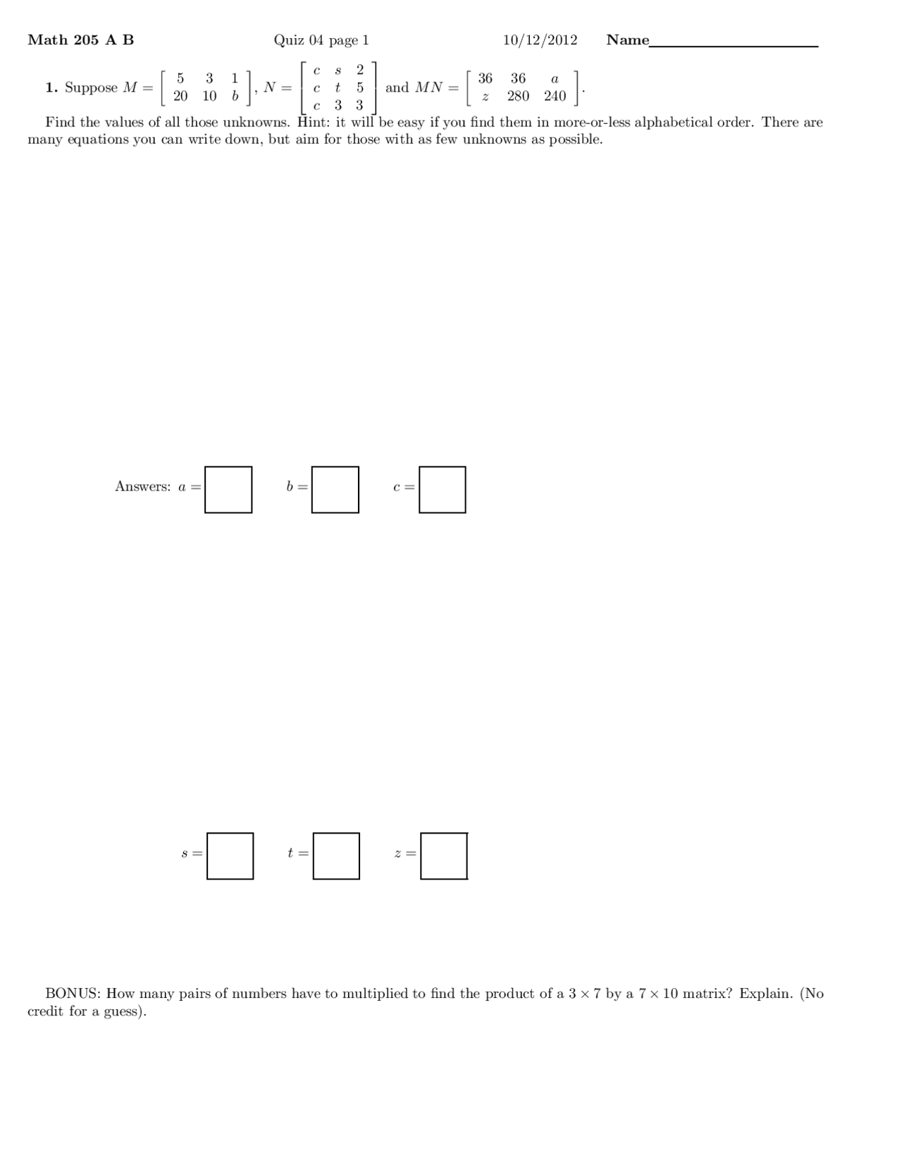 Many Equations Linear Algebra Quiz Docsity