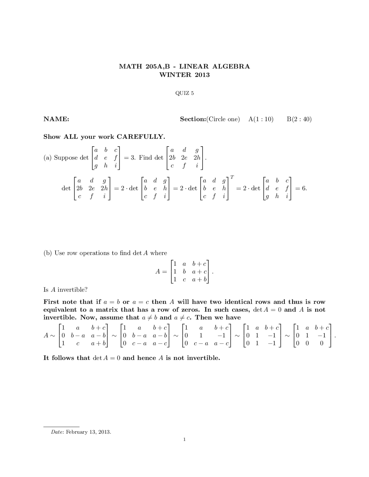 Section Linear Algebra Quiz Solution Docsity
