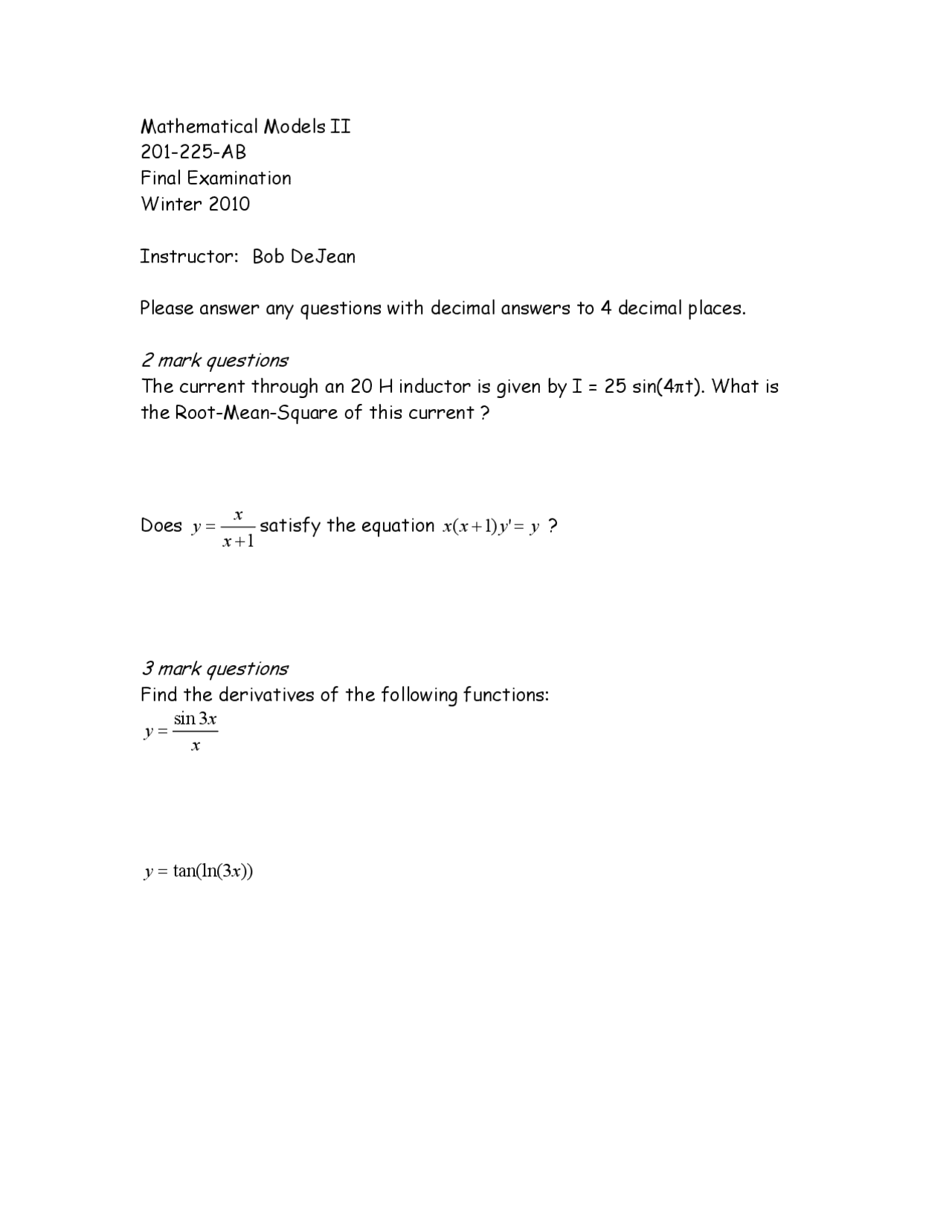 Mathematical Models II - Winter 2010 Final Examination | Exams Mathematics | Docsity