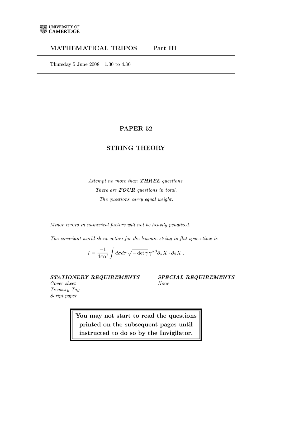 String Theory Mathematical Tripos Old Exam Paper Docsity