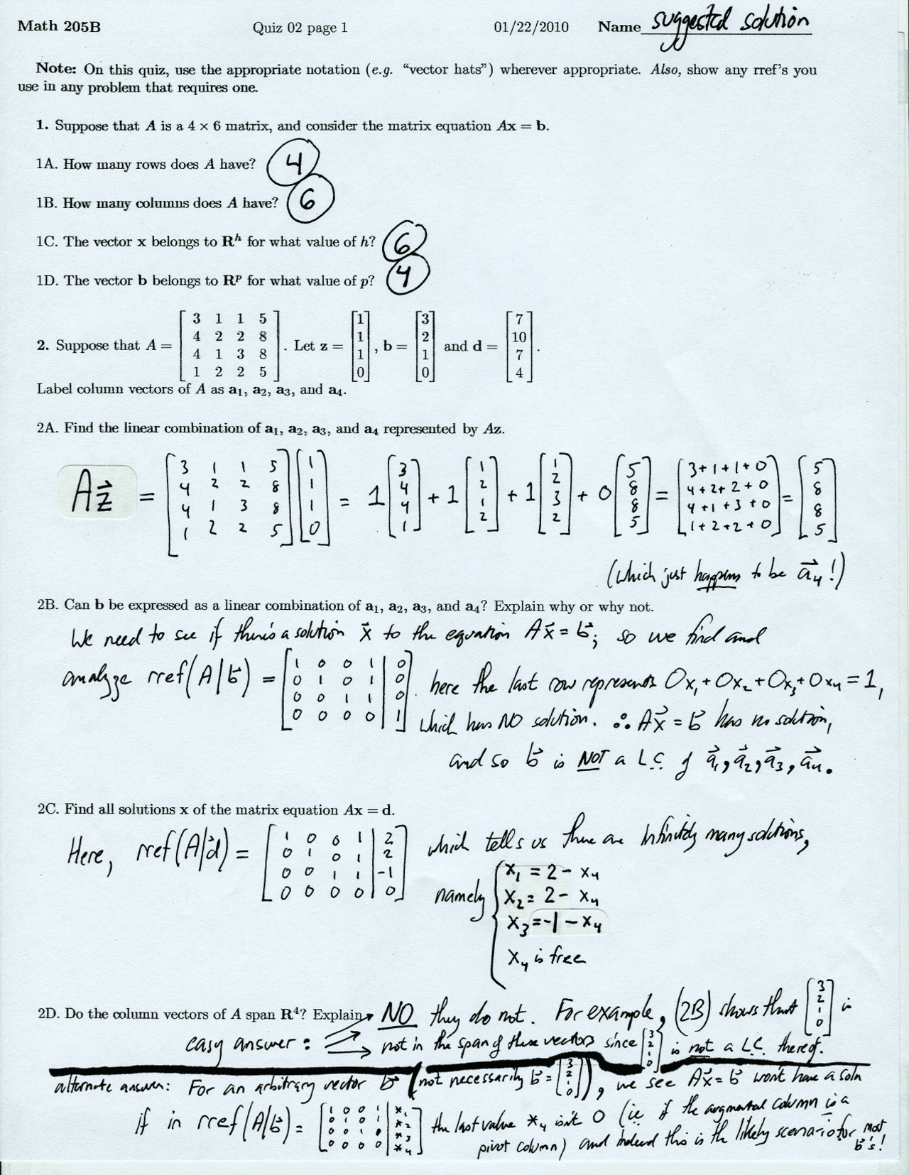 Columns Linear Algebra Quiz Solution Docsity