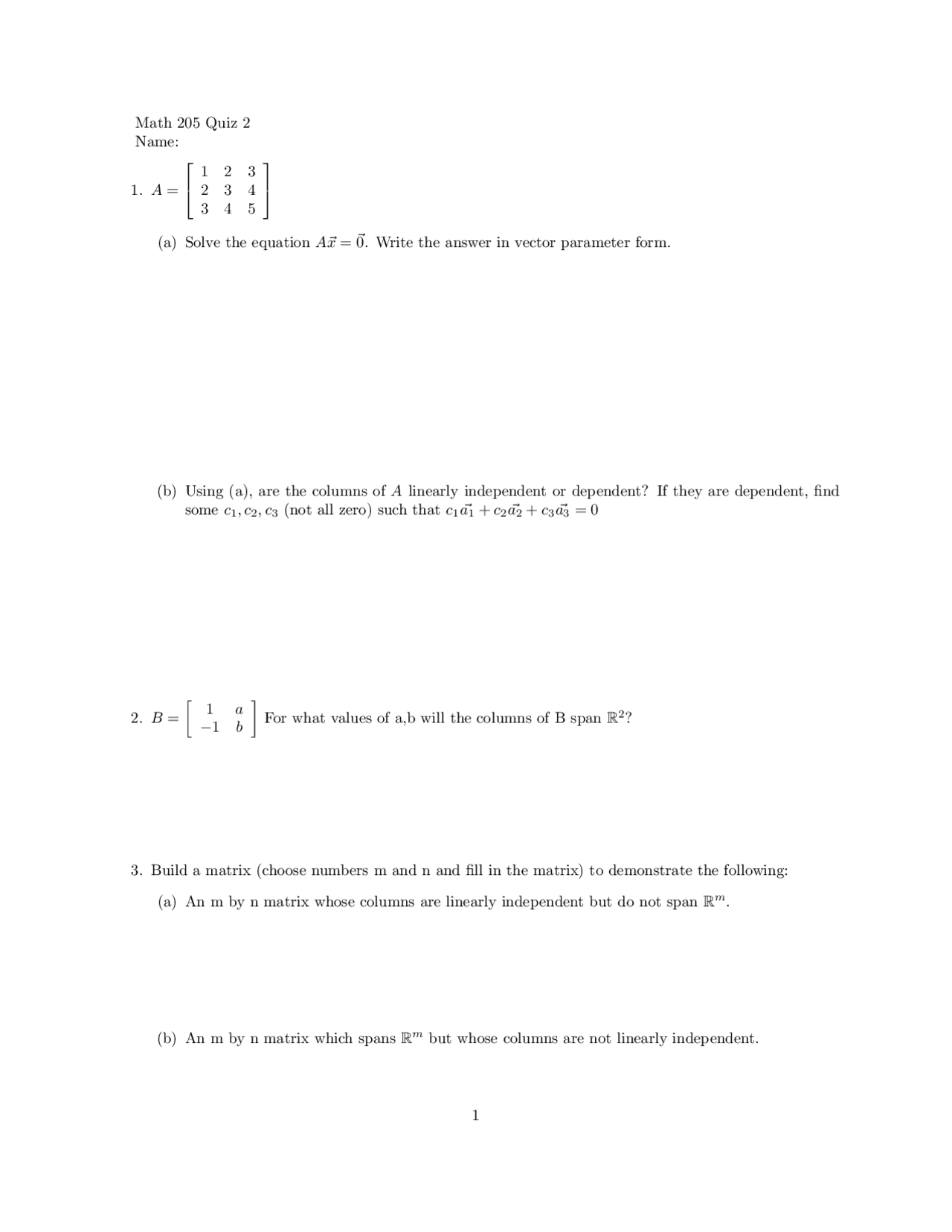 Vector Parameter Linear Algebra Quiz Docsity