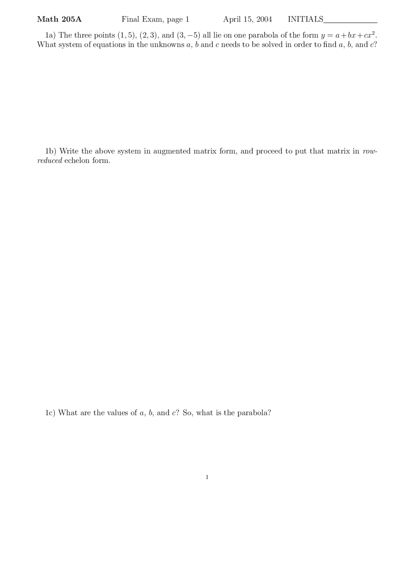 Parabola - Linear Algebra - Exam - Docsity