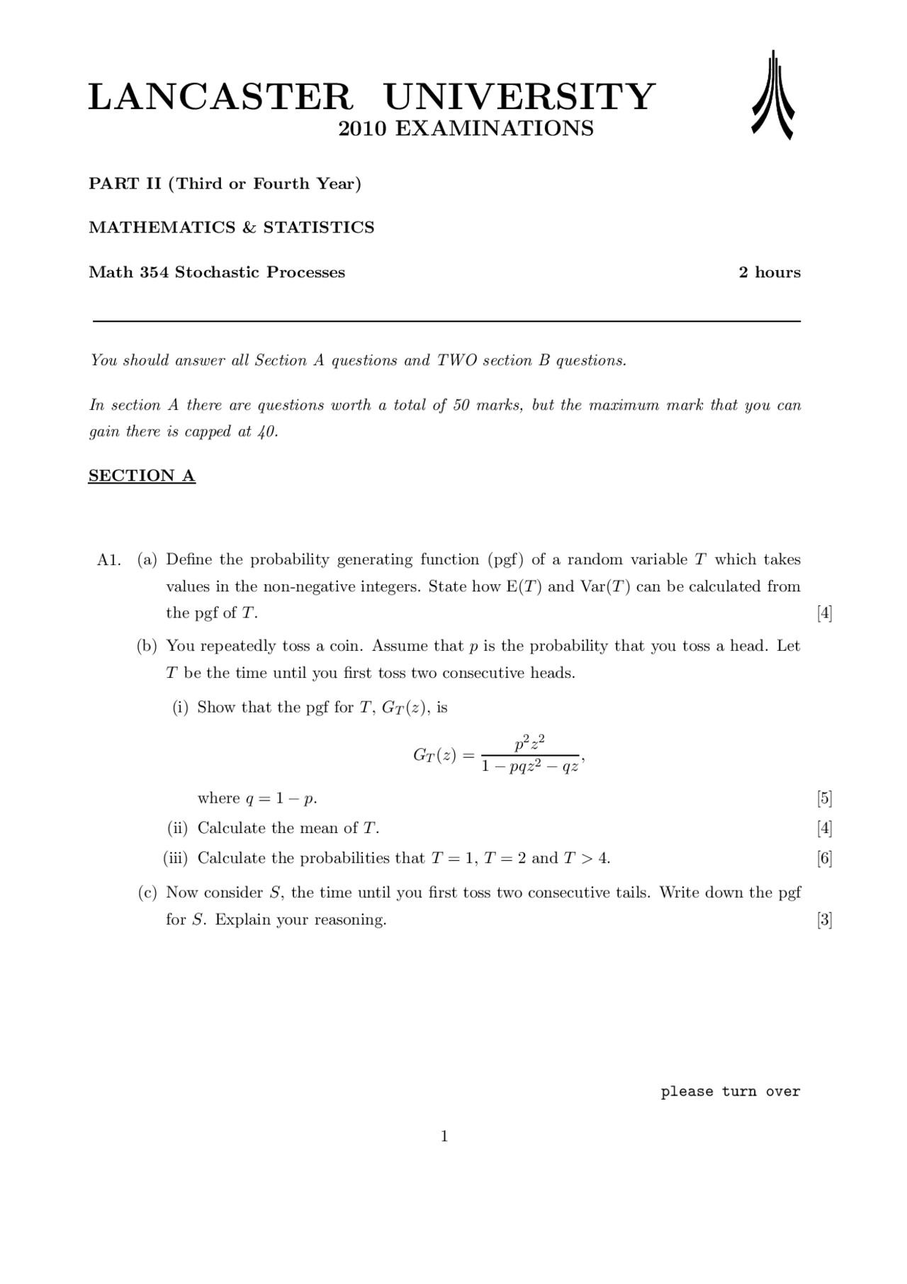 2010 Stochastic Processes Exam - Lancaster University | Exams Stochastic Processes | Docsity