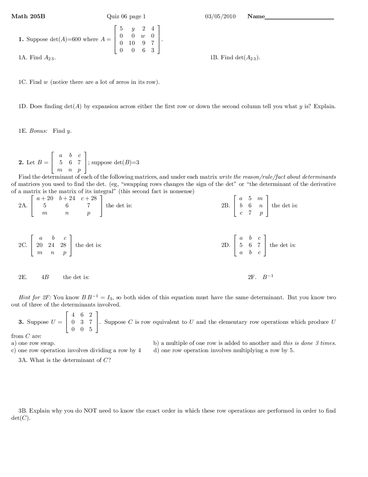 Expansion Across Linear Algebra Quiz Docsity