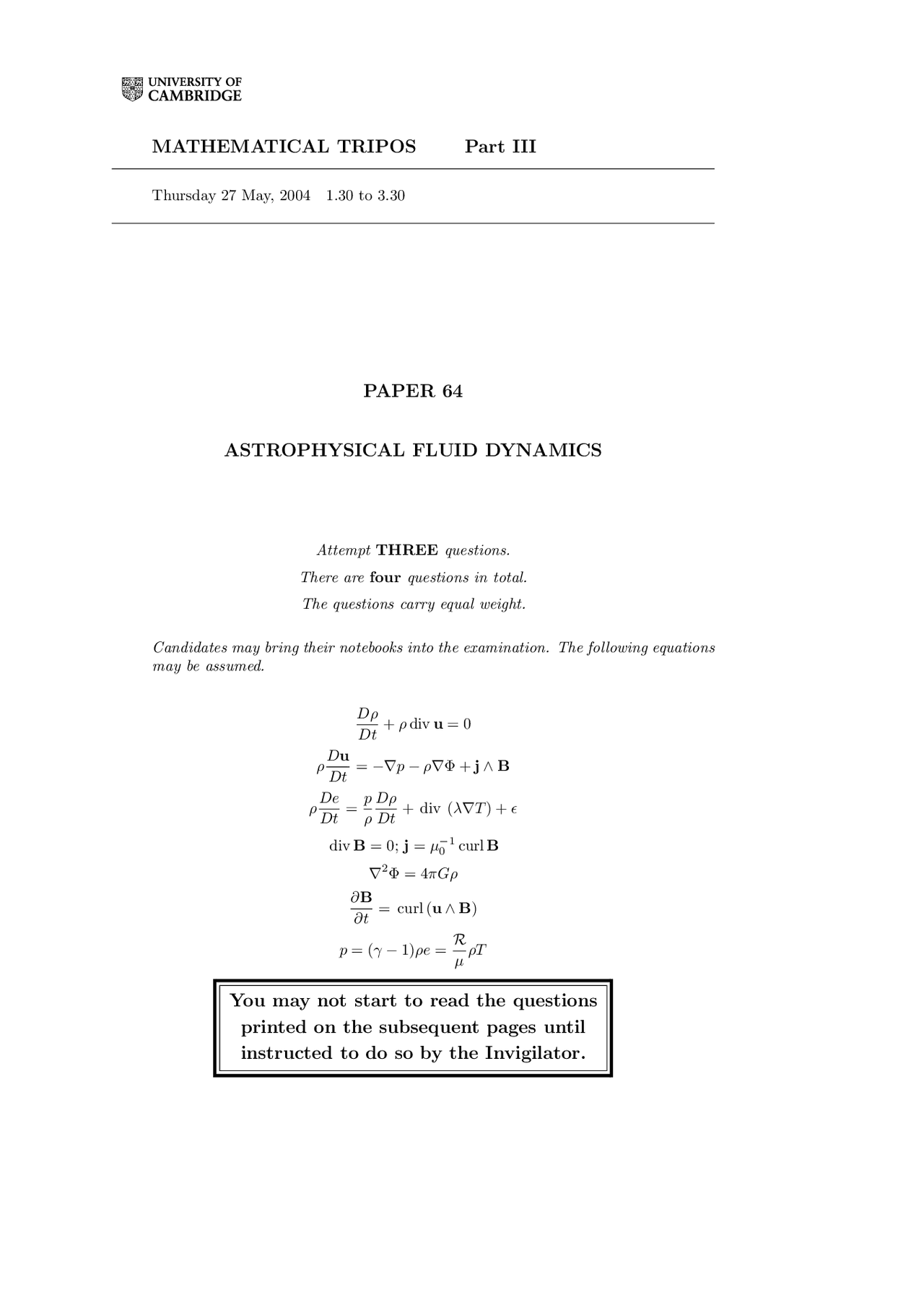 Astrophysical Fluid Dynamics Mathematical Tripos Old Exam Docsity