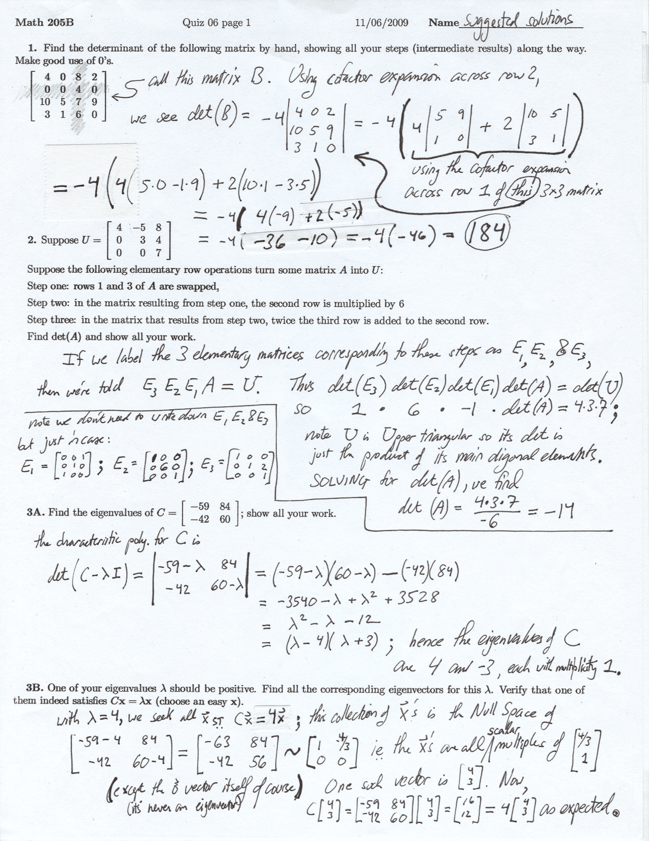 Elementary - Linear Algebra - Quiz Solution | Exercises Linear Algebra | Docsity