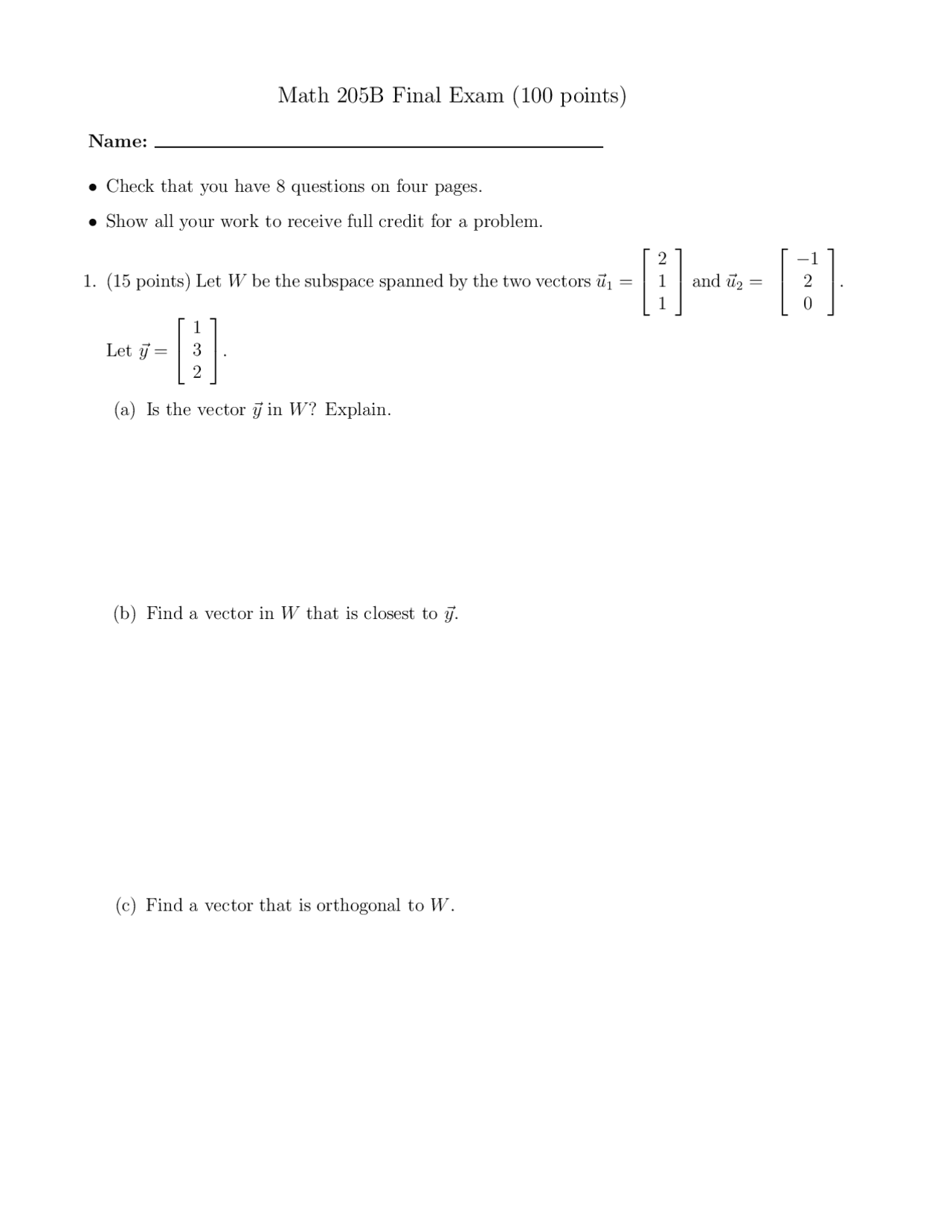 Subspace Spanned Linear Algebra Exam Docsity