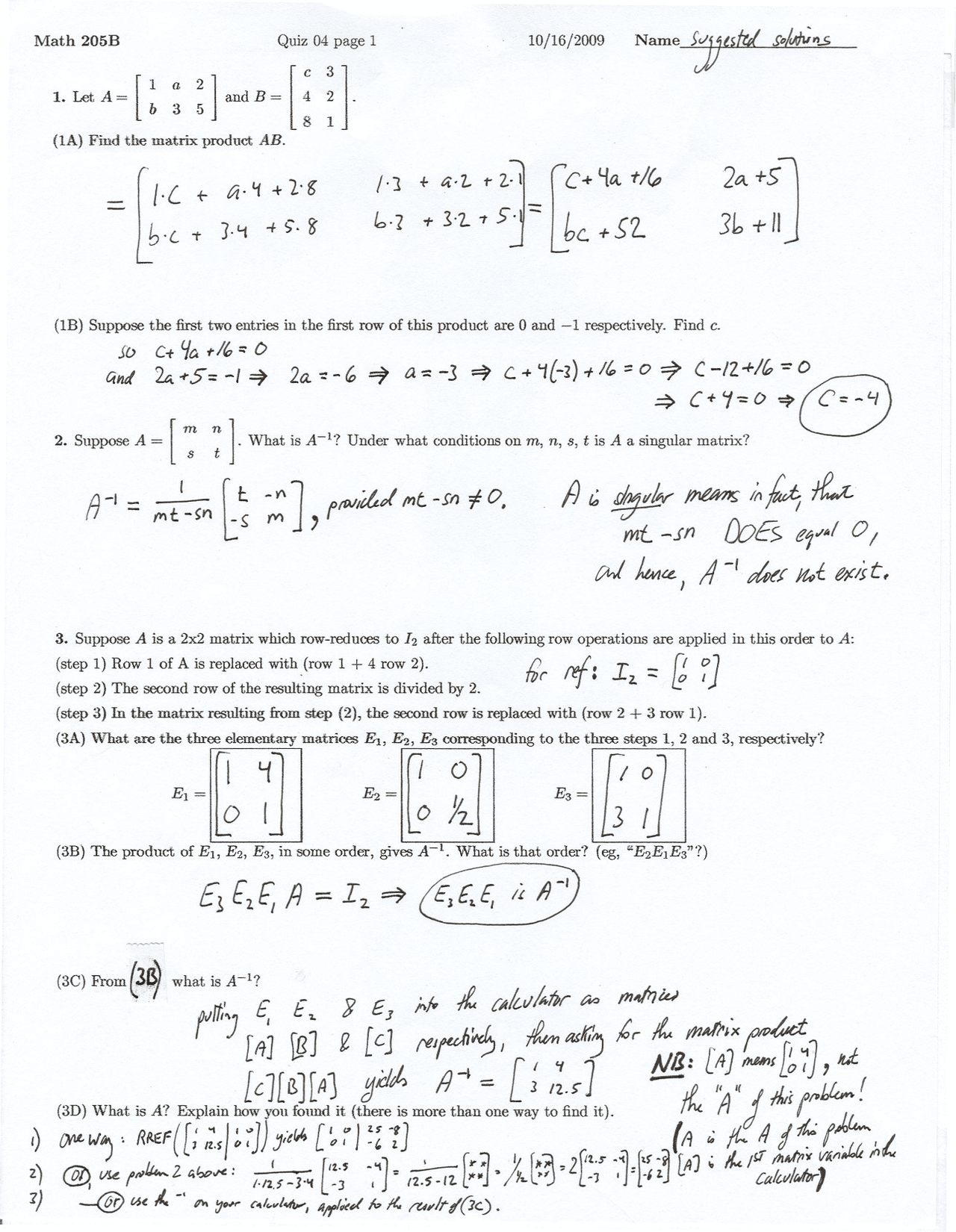 Two Entries - Linear Algebra - Quiz Solution - Docsity