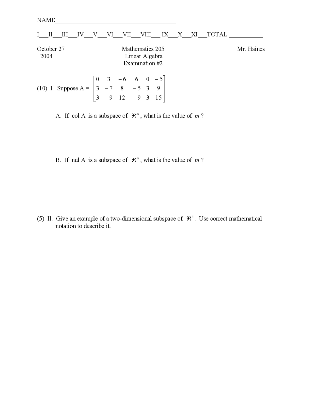 Two Dimensional Subspace Linear Algebra Exam Docsity