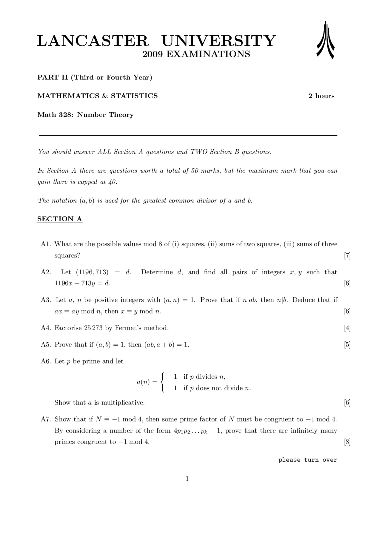 Possible Values Number Theory Exam Docsity
