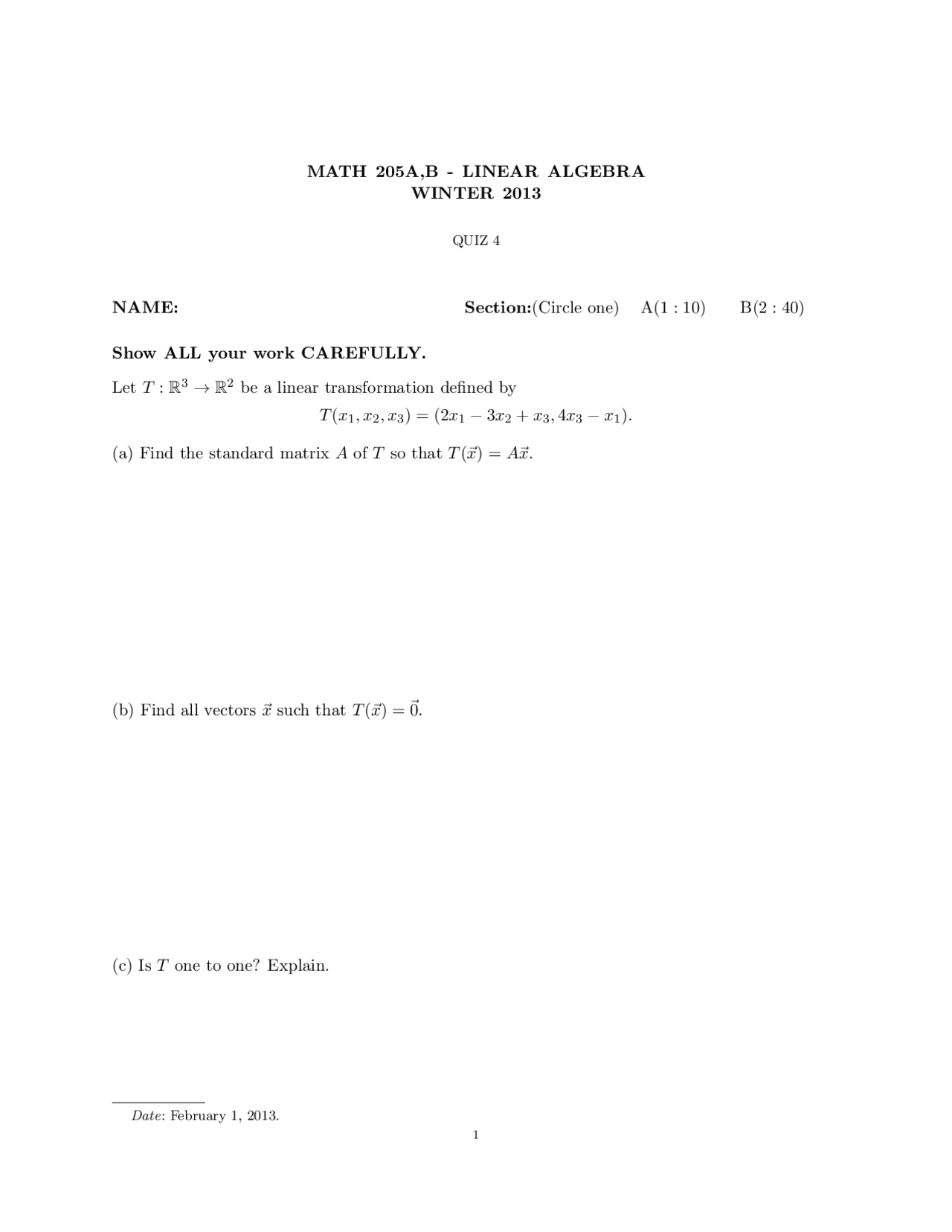 Standard Matrix Linear Algebra Quiz Exercises Linear Algebra