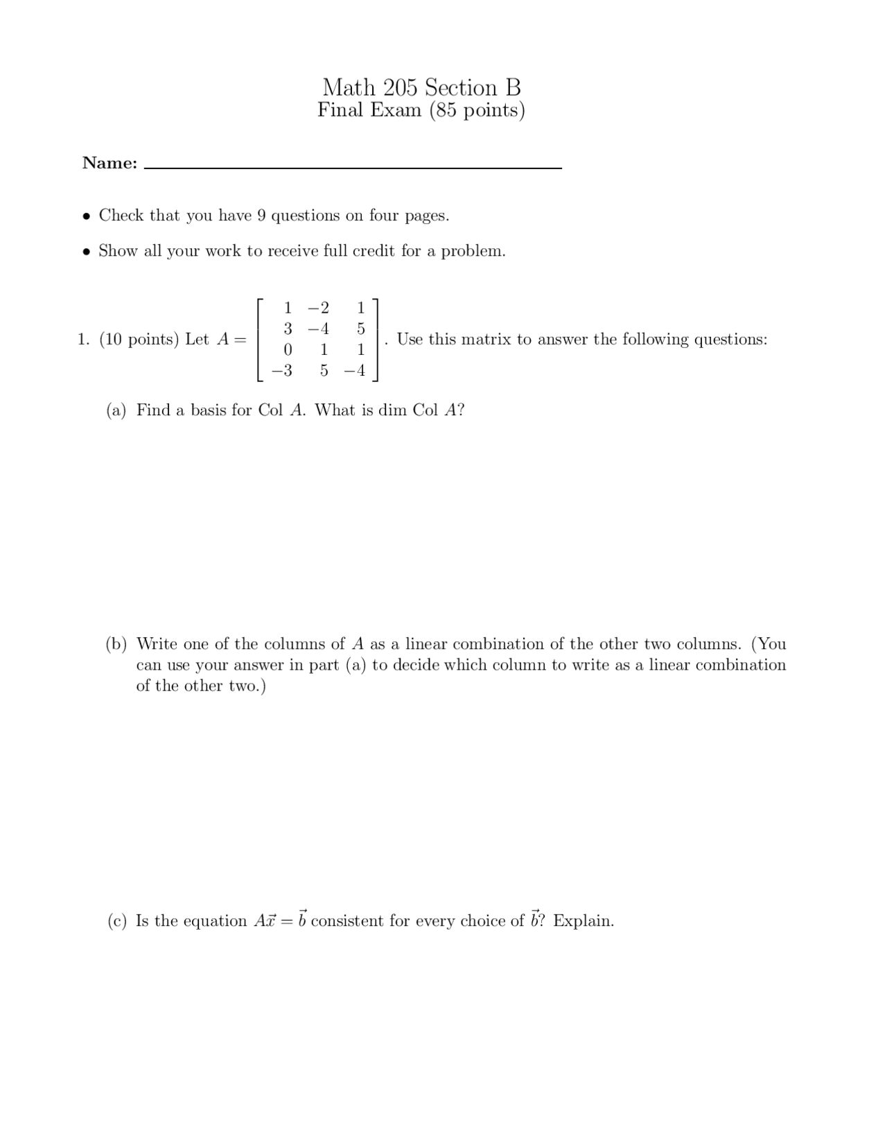 Columns Linear Algebra Exam Docsity