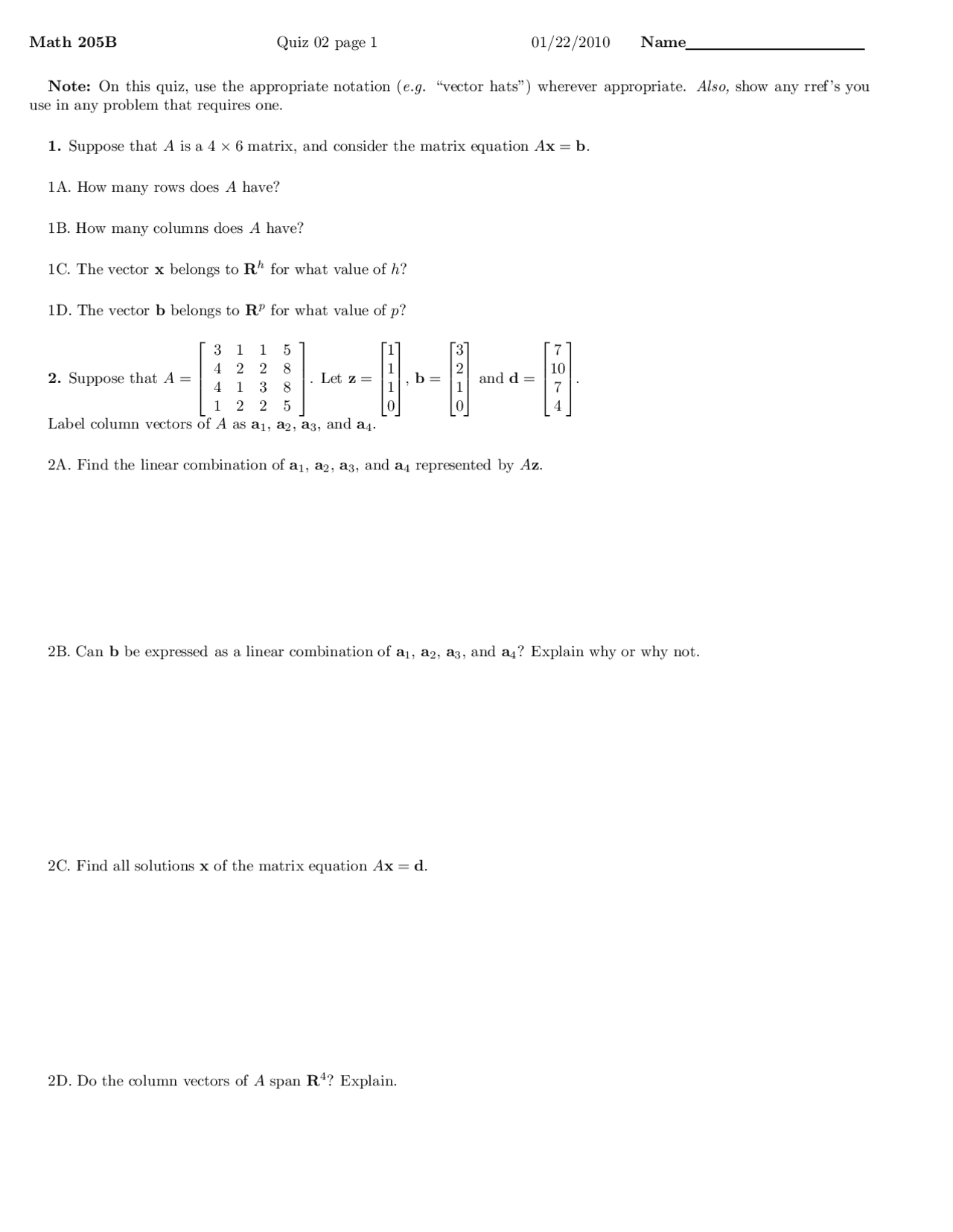 Columns Linear Algebra Quiz Docsity