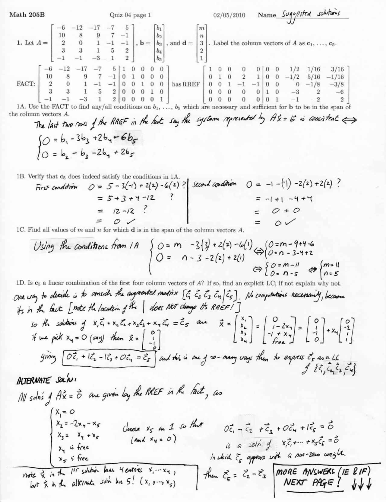 Conditions Linear Algebra Quiz Solution Docsity