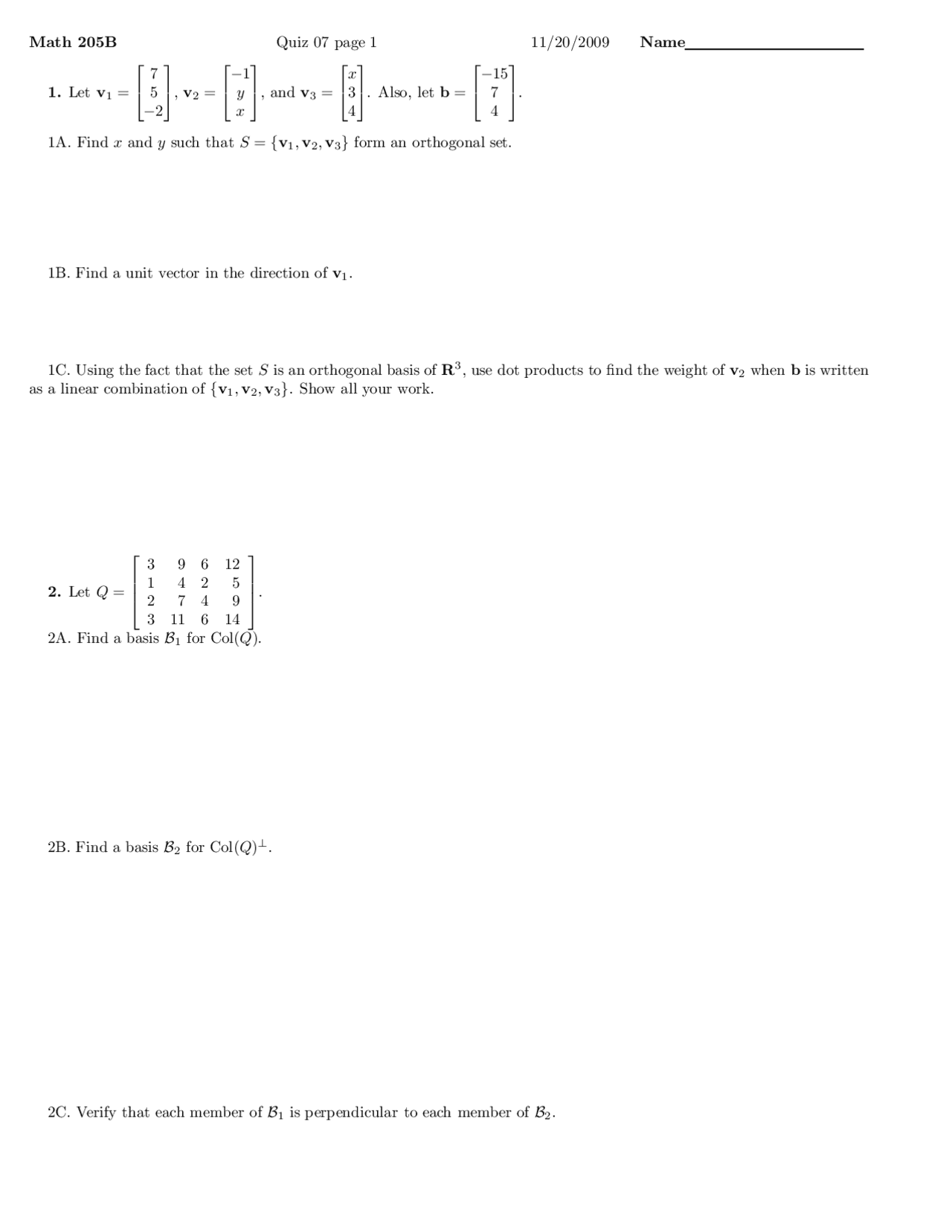 Direction Linear Algebra Quiz Docsity