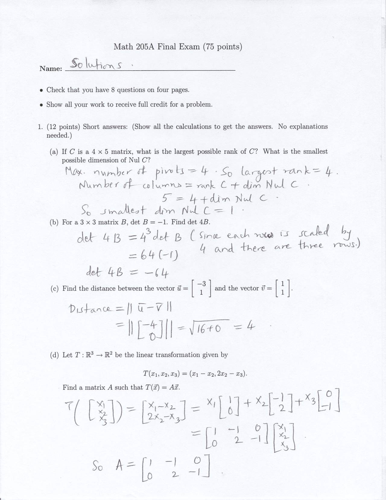Largest Possible Rank - Linear Algebra - Solved Exam - Docsity