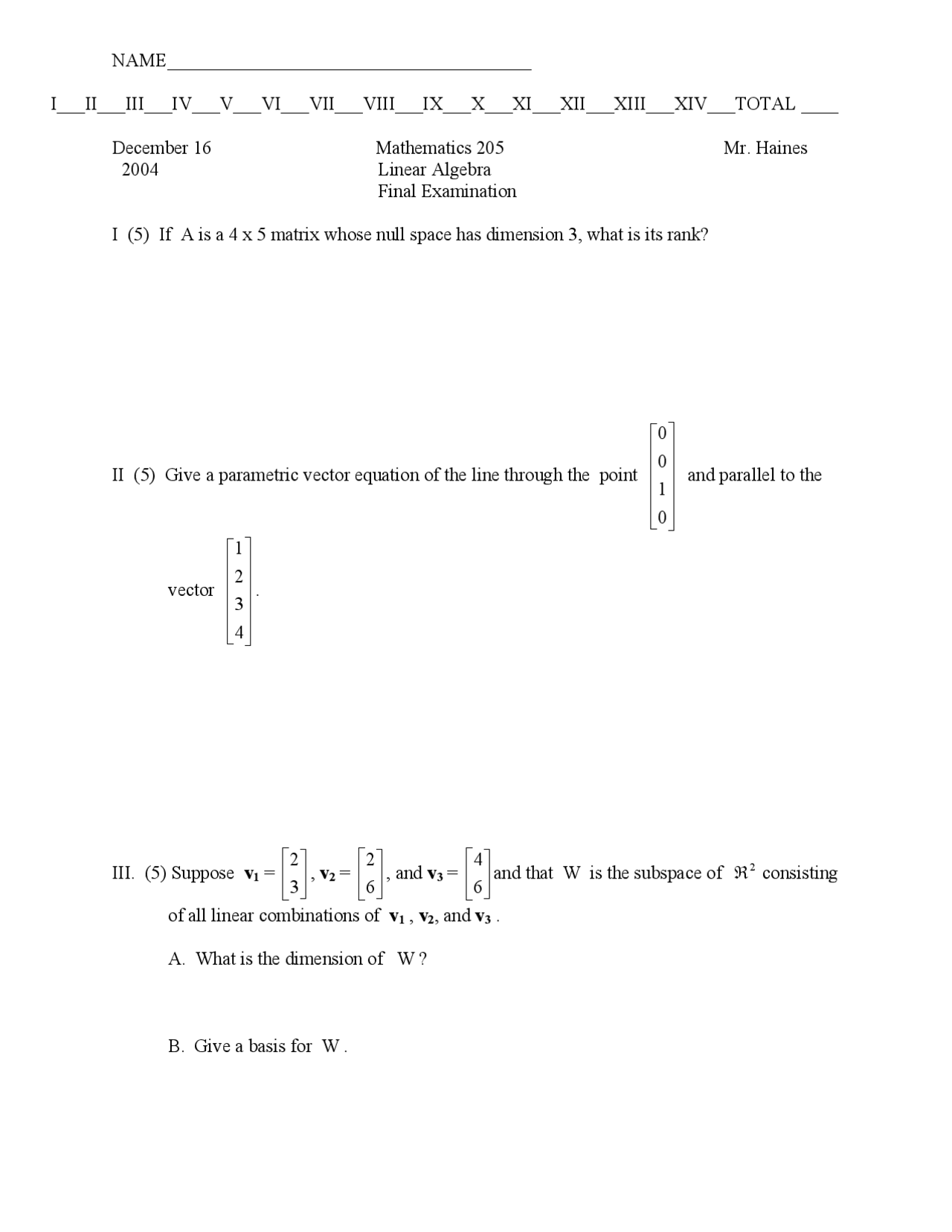 Parametric Vector Equation Linear Algebra Exam Docsity