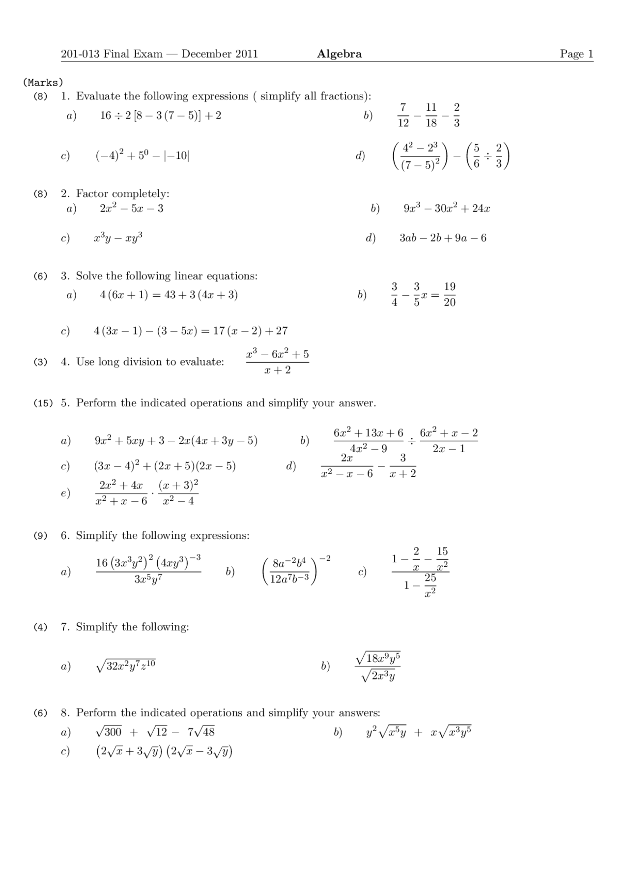 Expressions Algebra Exam Docsity
