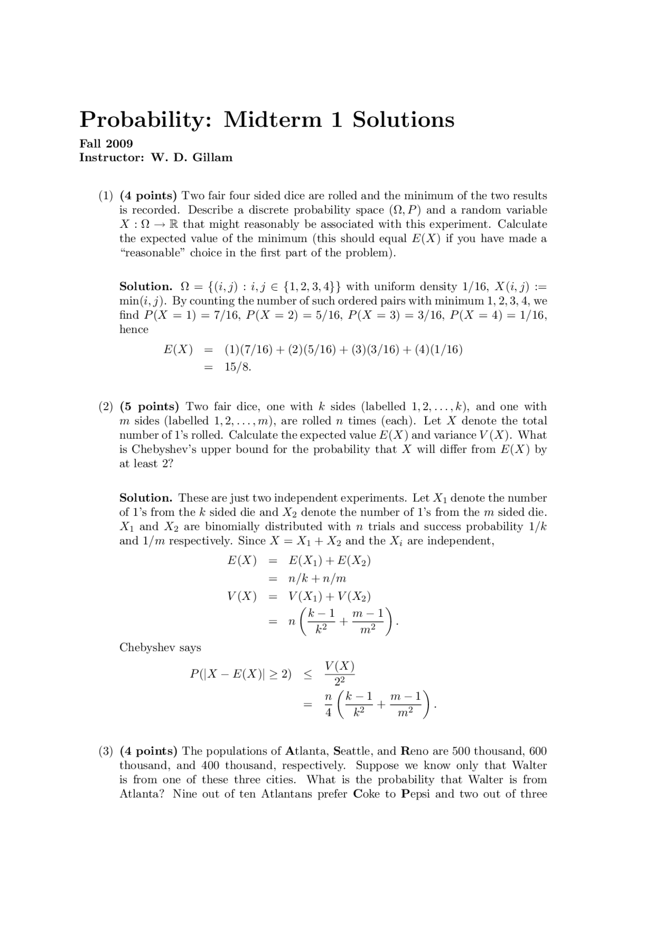 Minimum - Probability - Solved Exam - Docsity