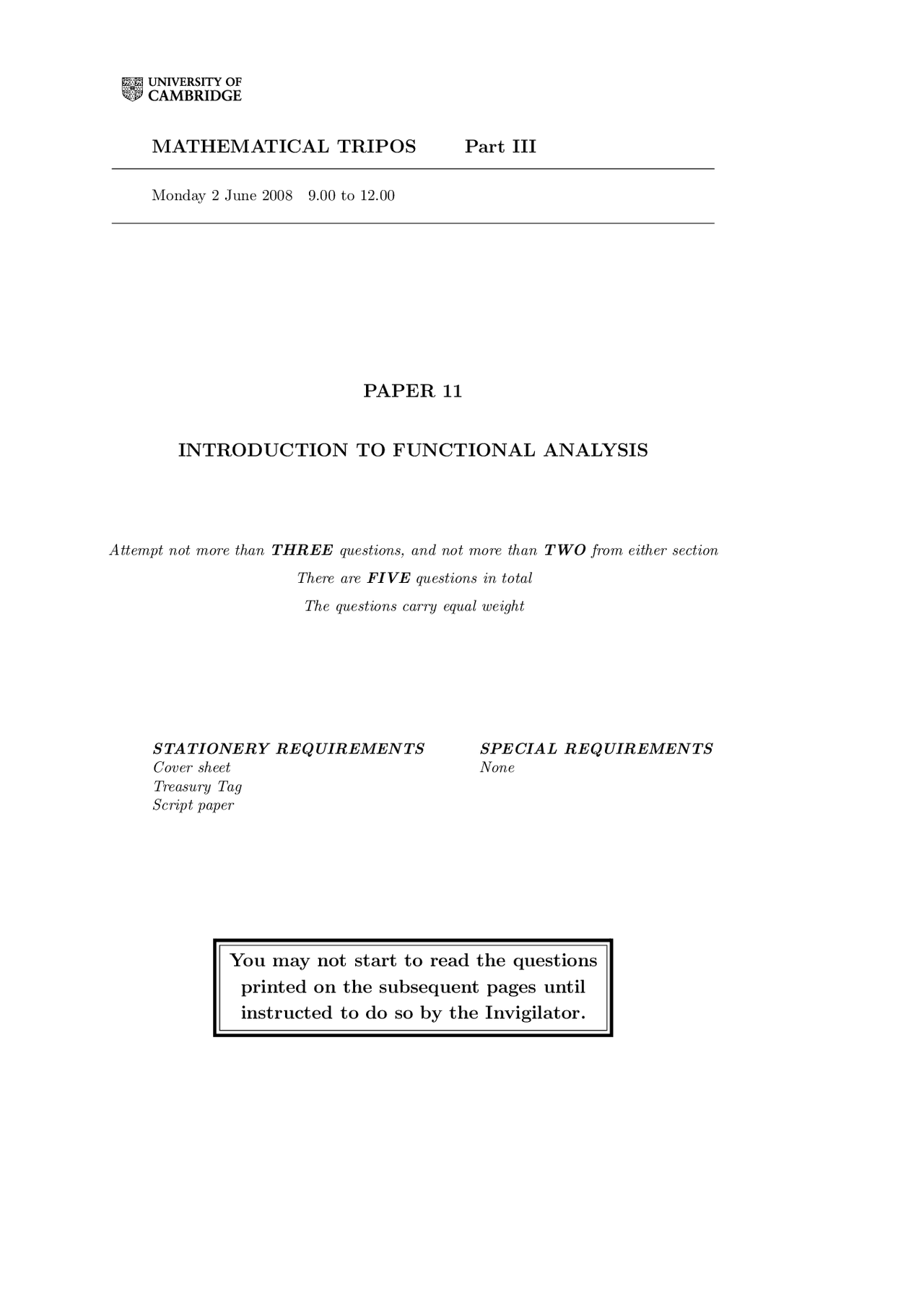 Introduction For Functional Analysis Mathematical Tripos Old Exam
