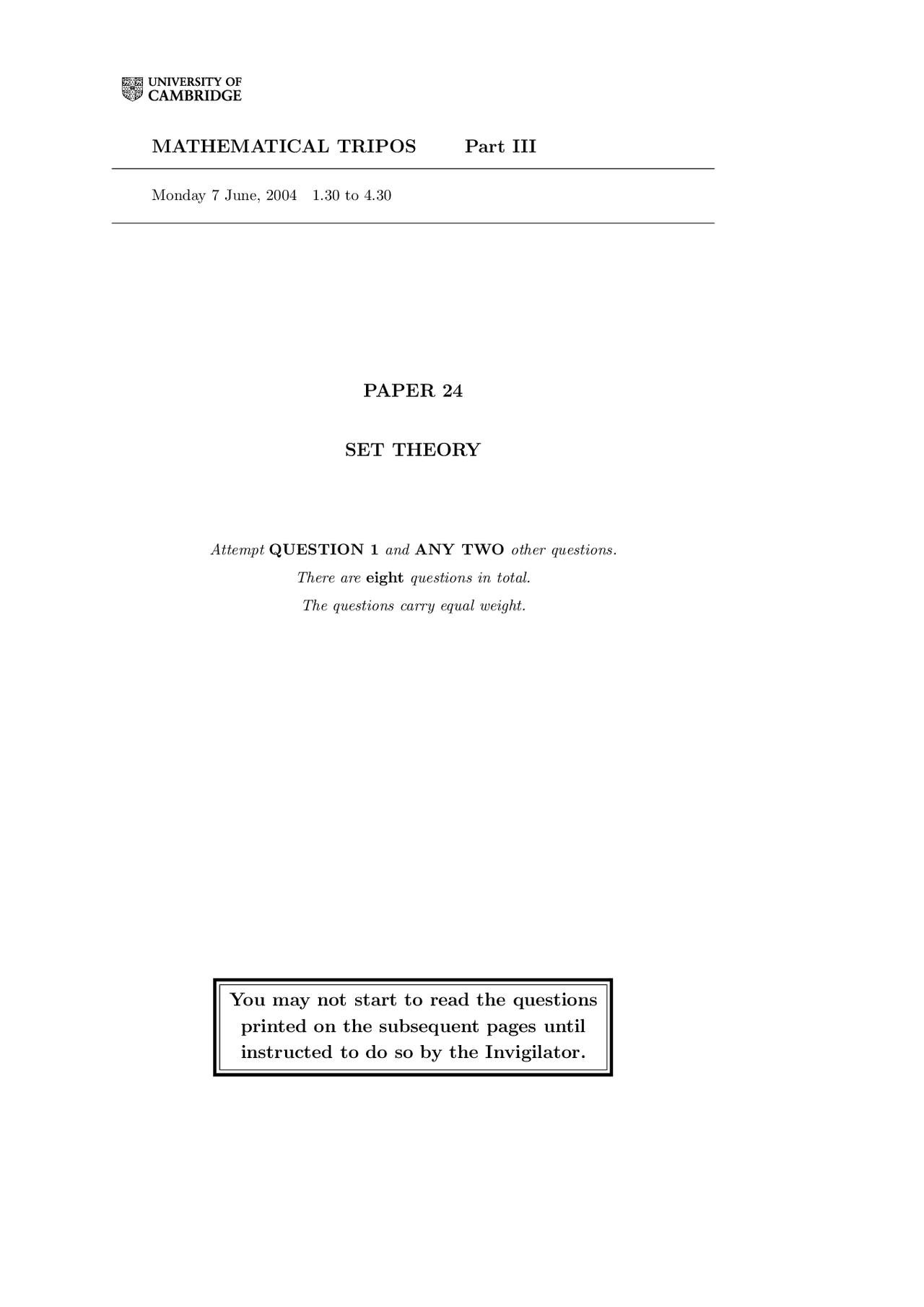 Set Theory Mathematical Tripos Old Exam Docsity