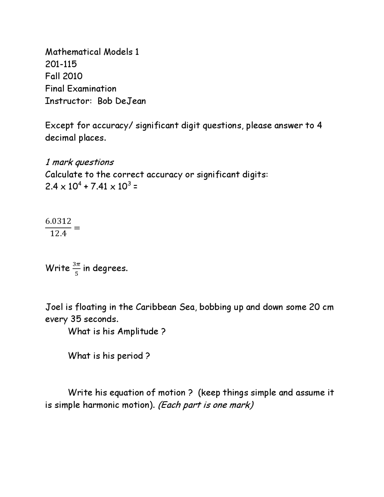 Degrees Mathematical Model Exam Docsity