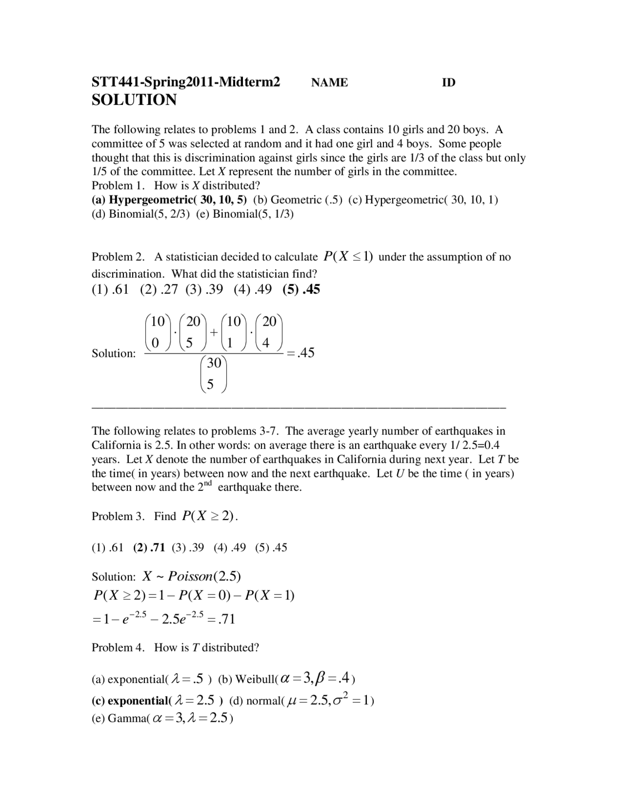 Binomial - Probability and Statistics - Solved Exam | Exams Probability and Statistics | Docsity