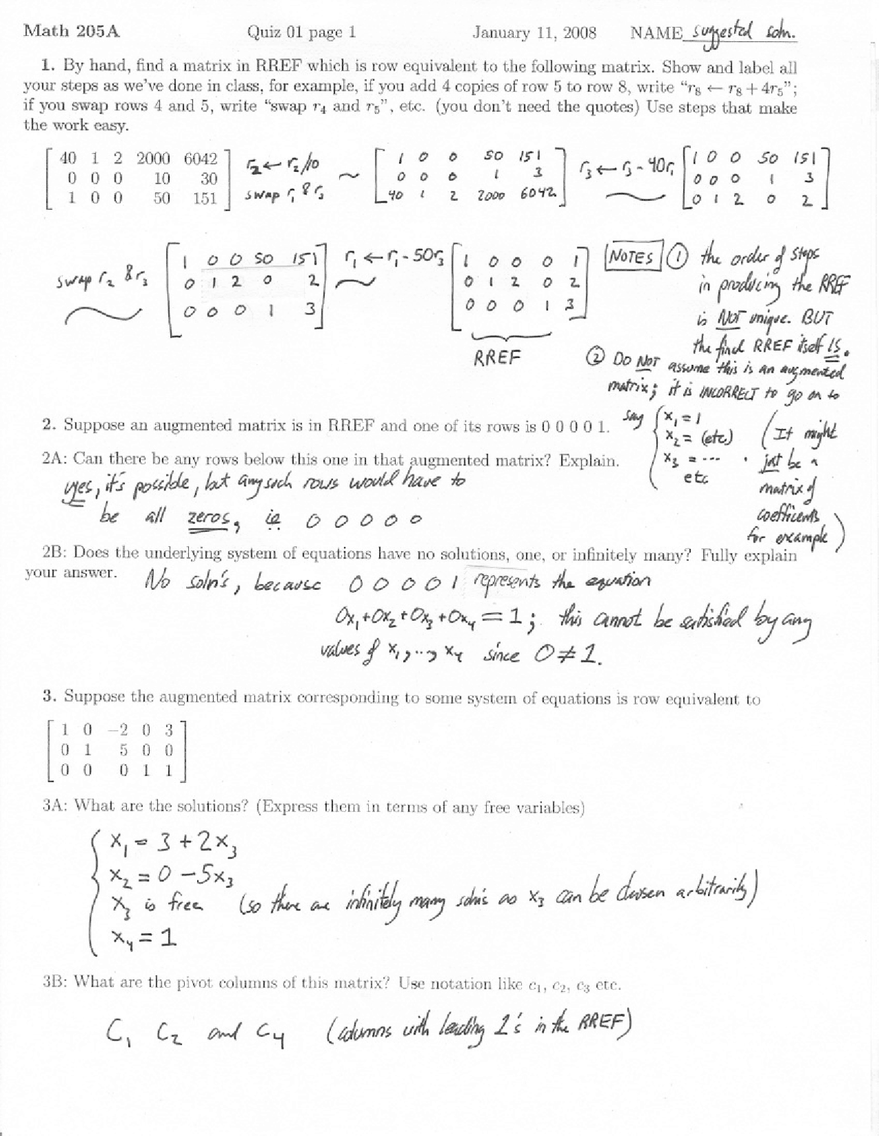 Augmented Matrix Linear Algebra Quiz Solution Docsity
