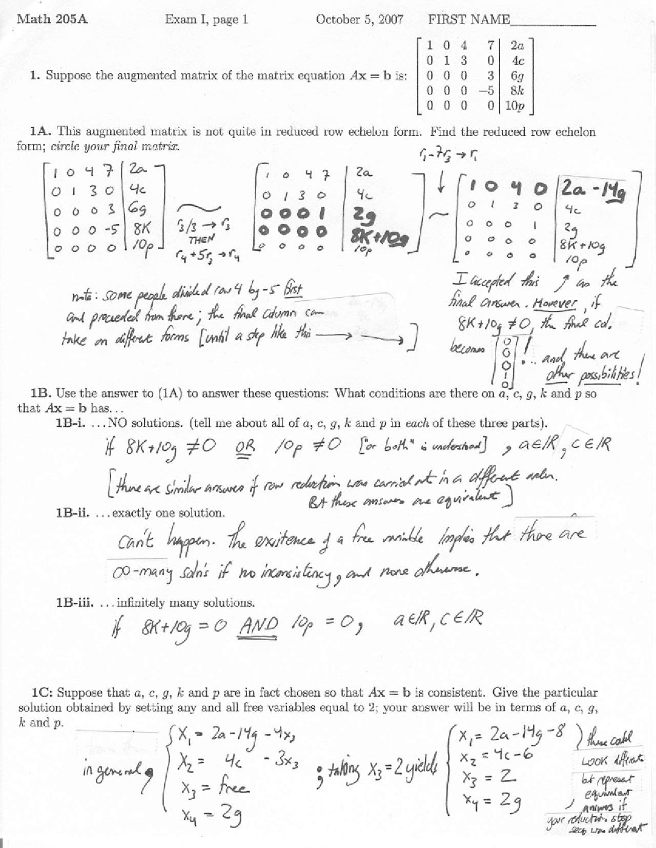Augmented Matrix Linear Algebra Solved Exam Docsity