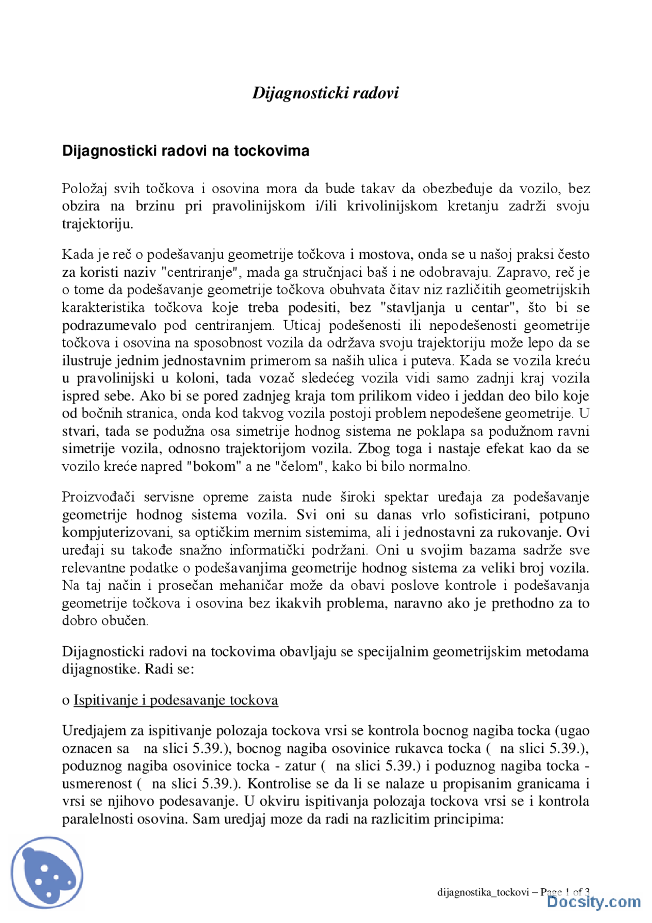Dijagnostika Na Tockovima Skripte Saobracajni Fakultet Rezime