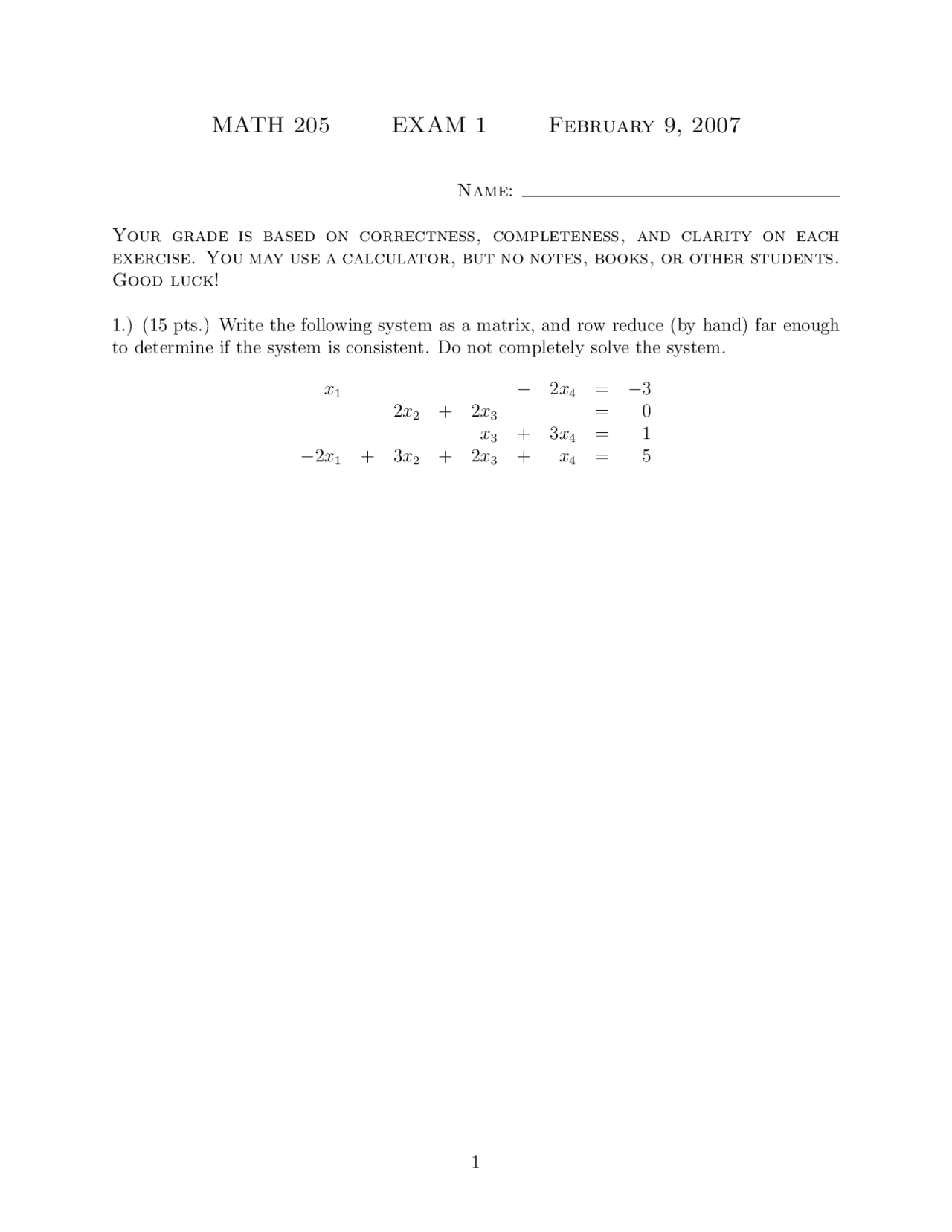Matrix Linear Algebra Exam Docsity