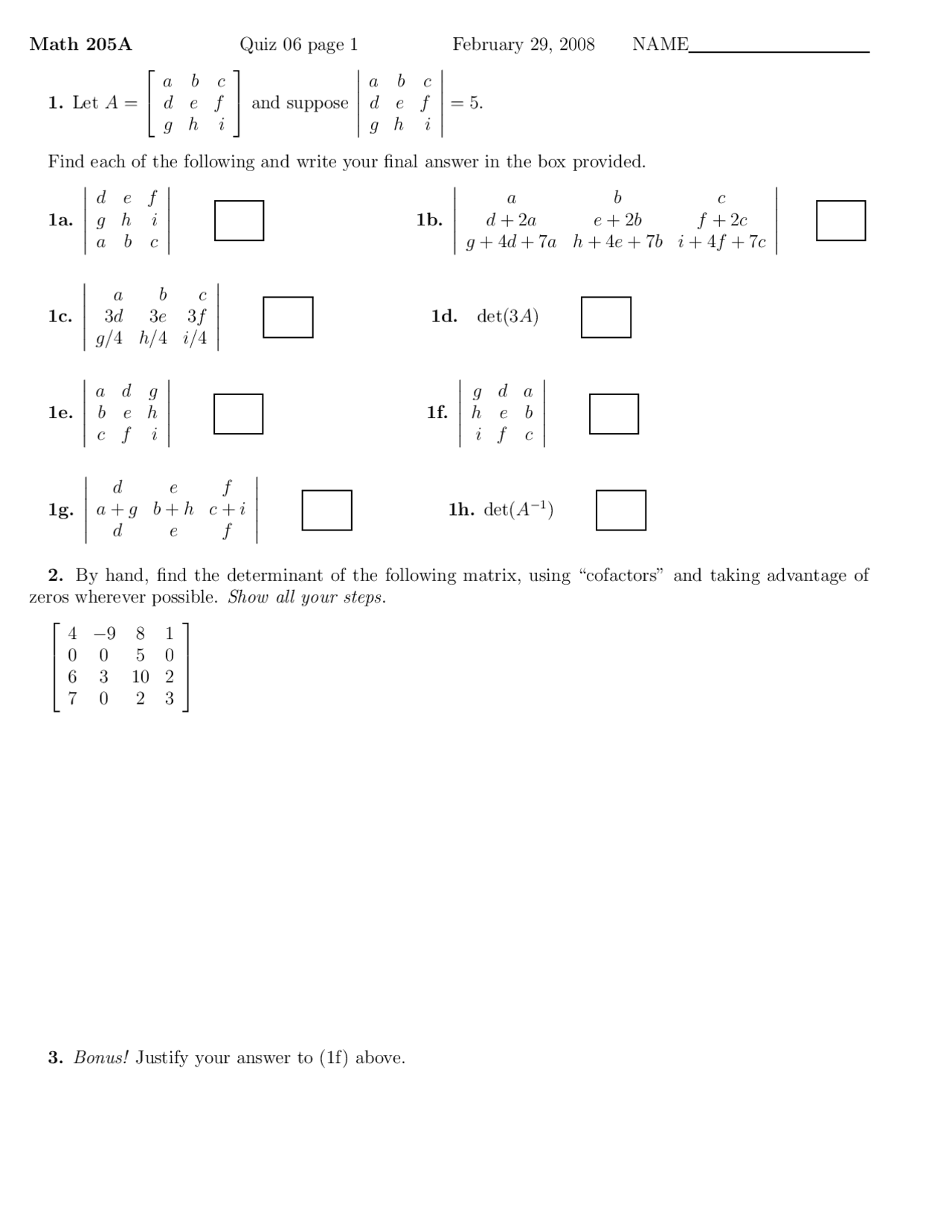 Final Answer Linear Algebra Quiz Docsity