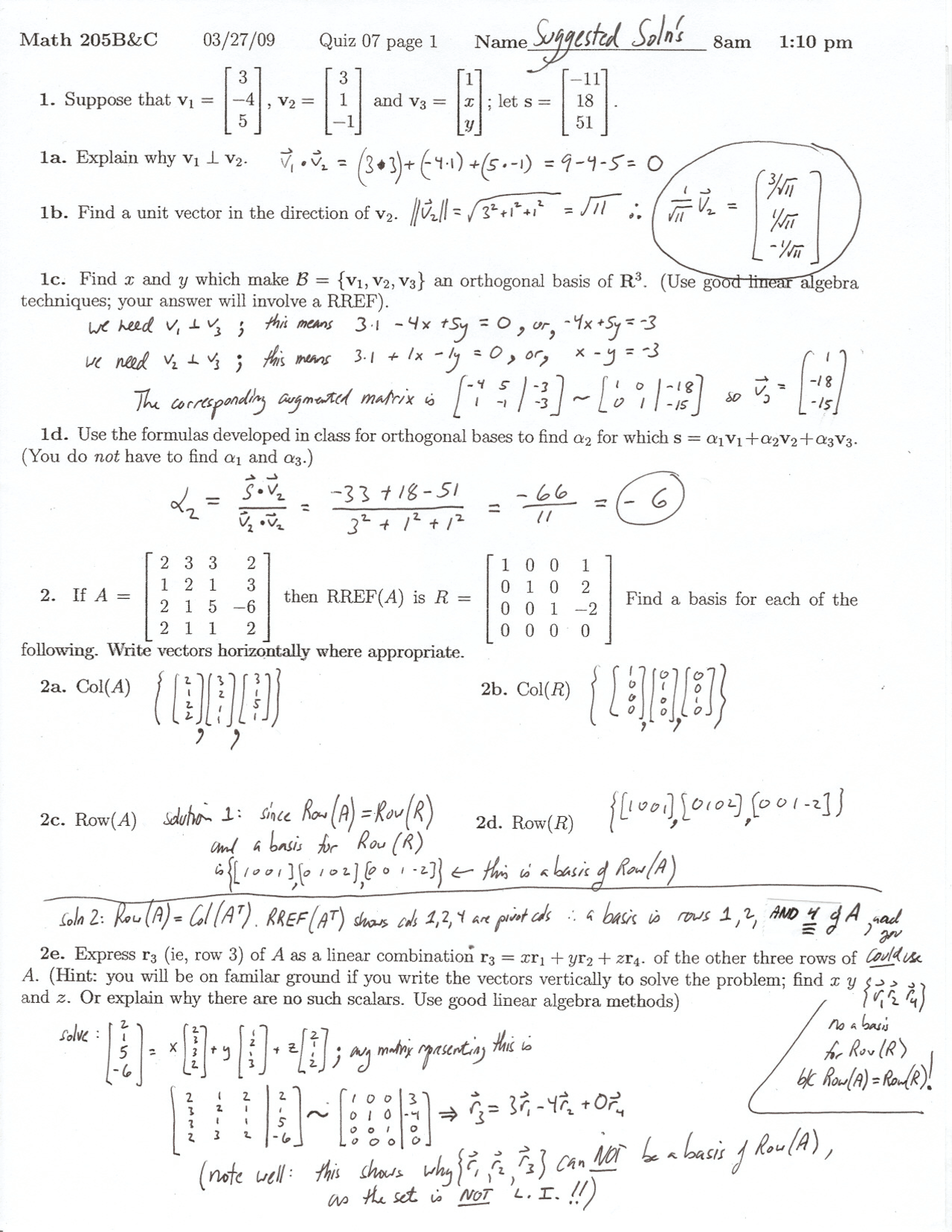 Unit Vector Linear Algebra Quiz Solution Docsity