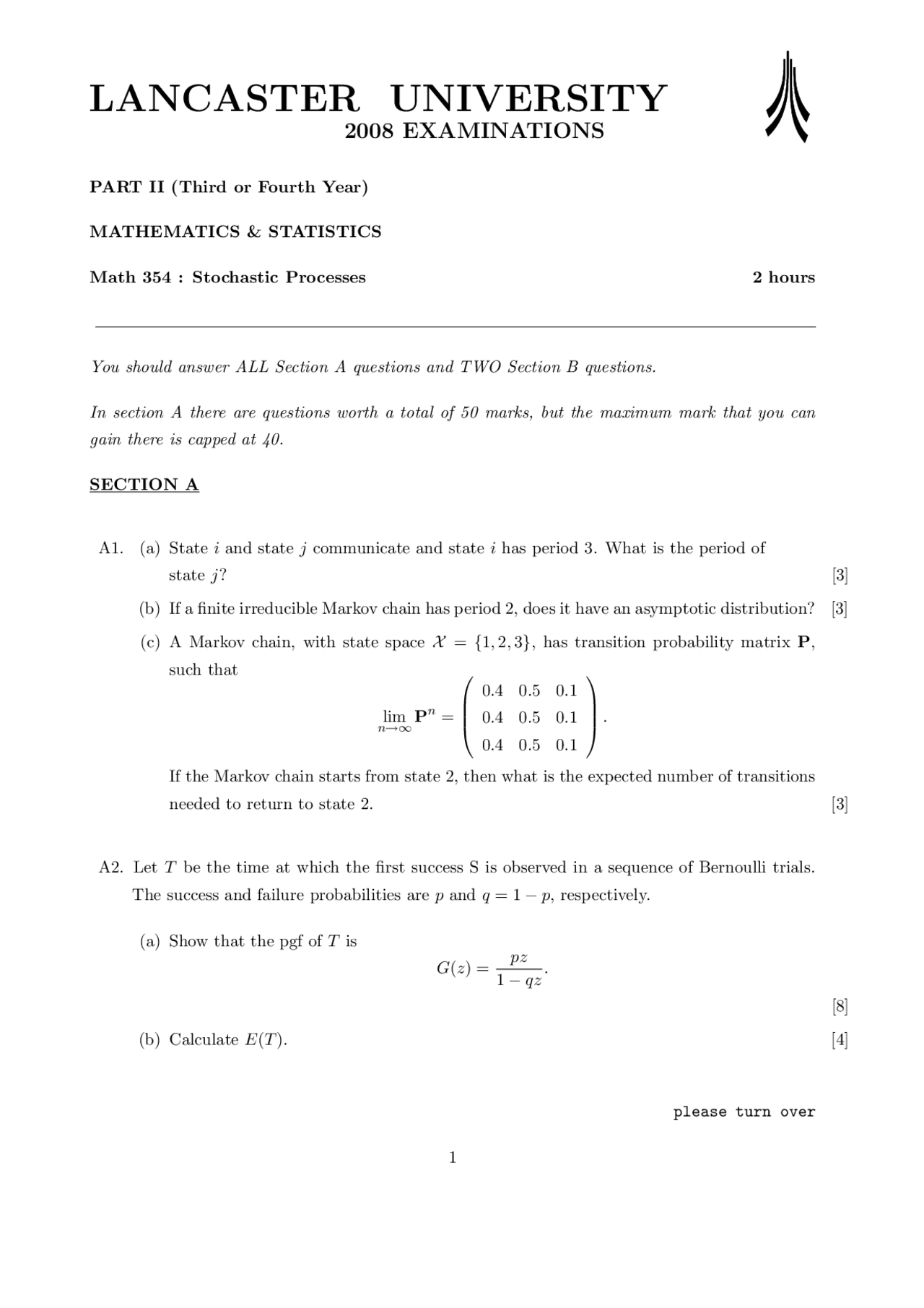 Communicate Stochastic Processes Exam Docsity