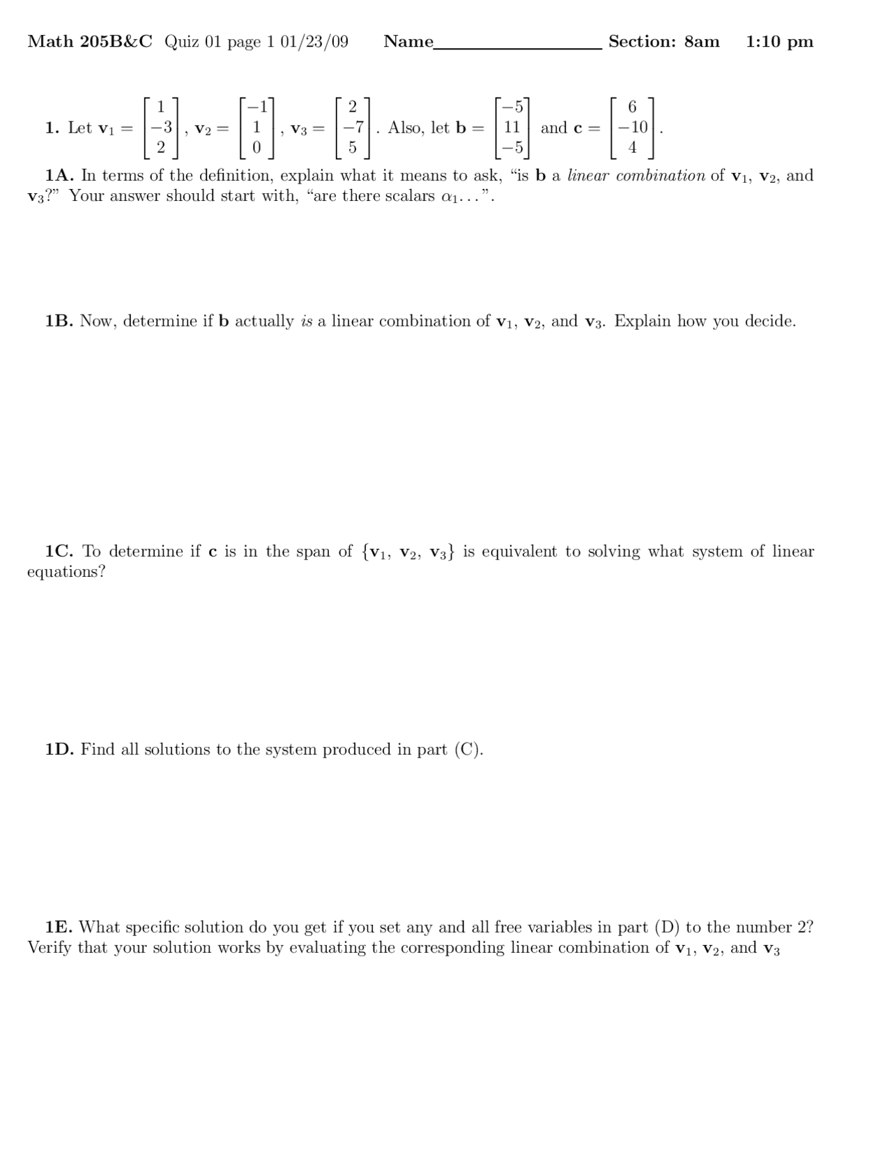 Linear Combination Linear Algebra Quiz Docsity