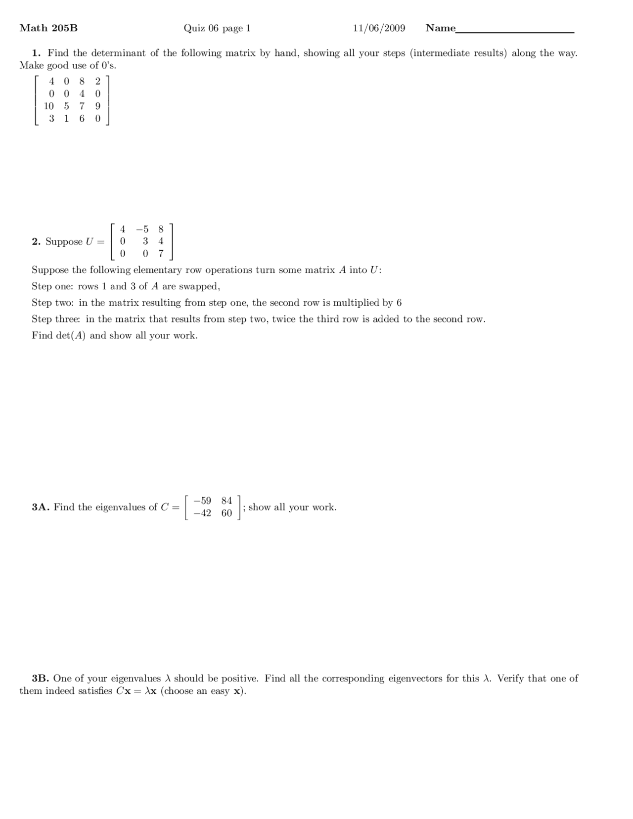 Elementary Linear Algebra Quiz Docsity