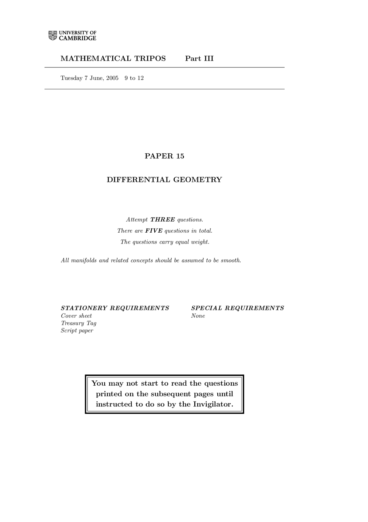 Differential Geometry - Mathematical Tripos - Past Exam - Docsity