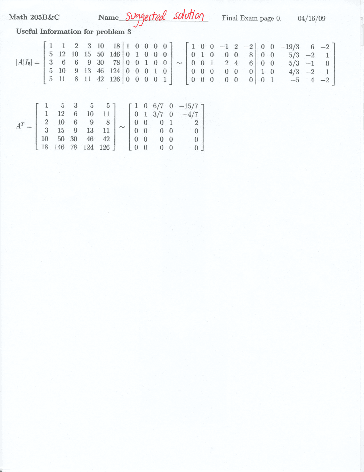 Useful Information Linear Algebra Solved Exam Docsity