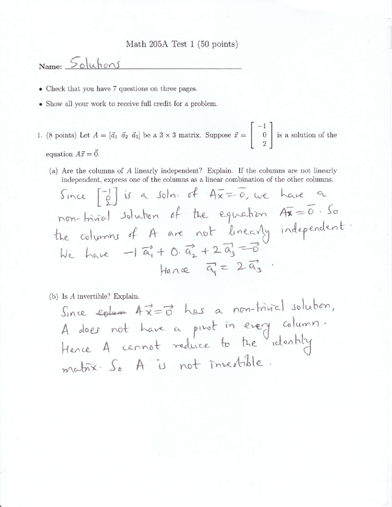 Linearly Independent Linear Algebra Solved Exam Docsity