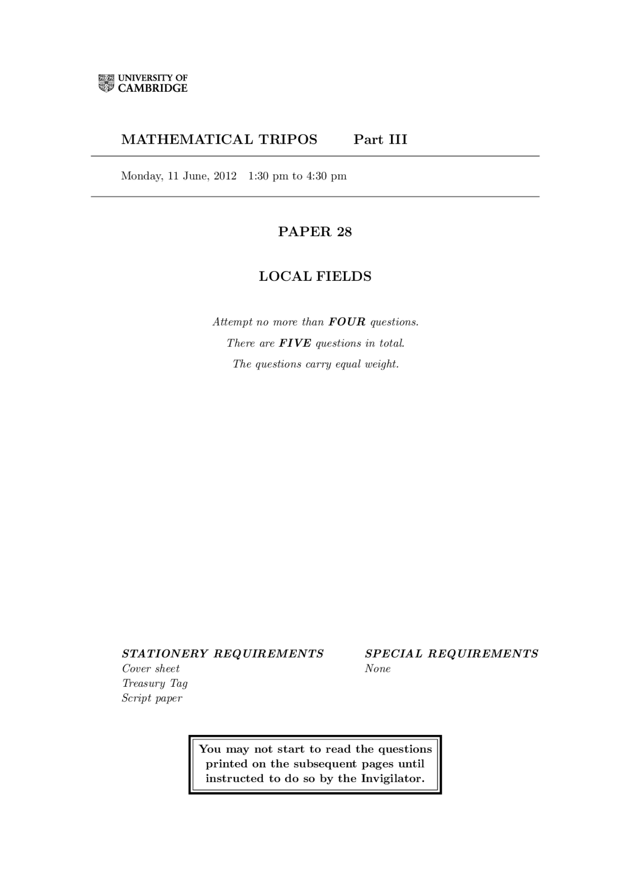 Local Fields Mathematical Tripos Paper Docsity