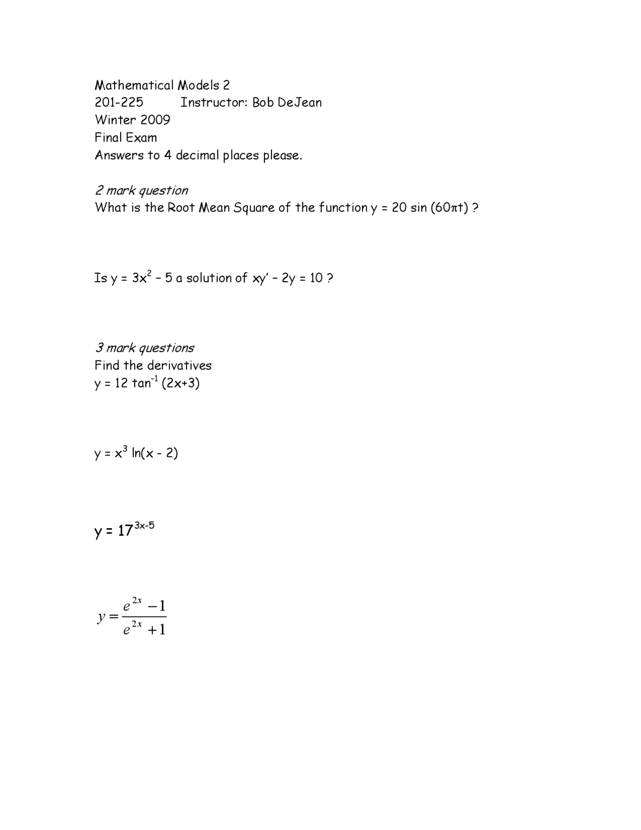 Function - Mathematical Model - Exam - Docsity