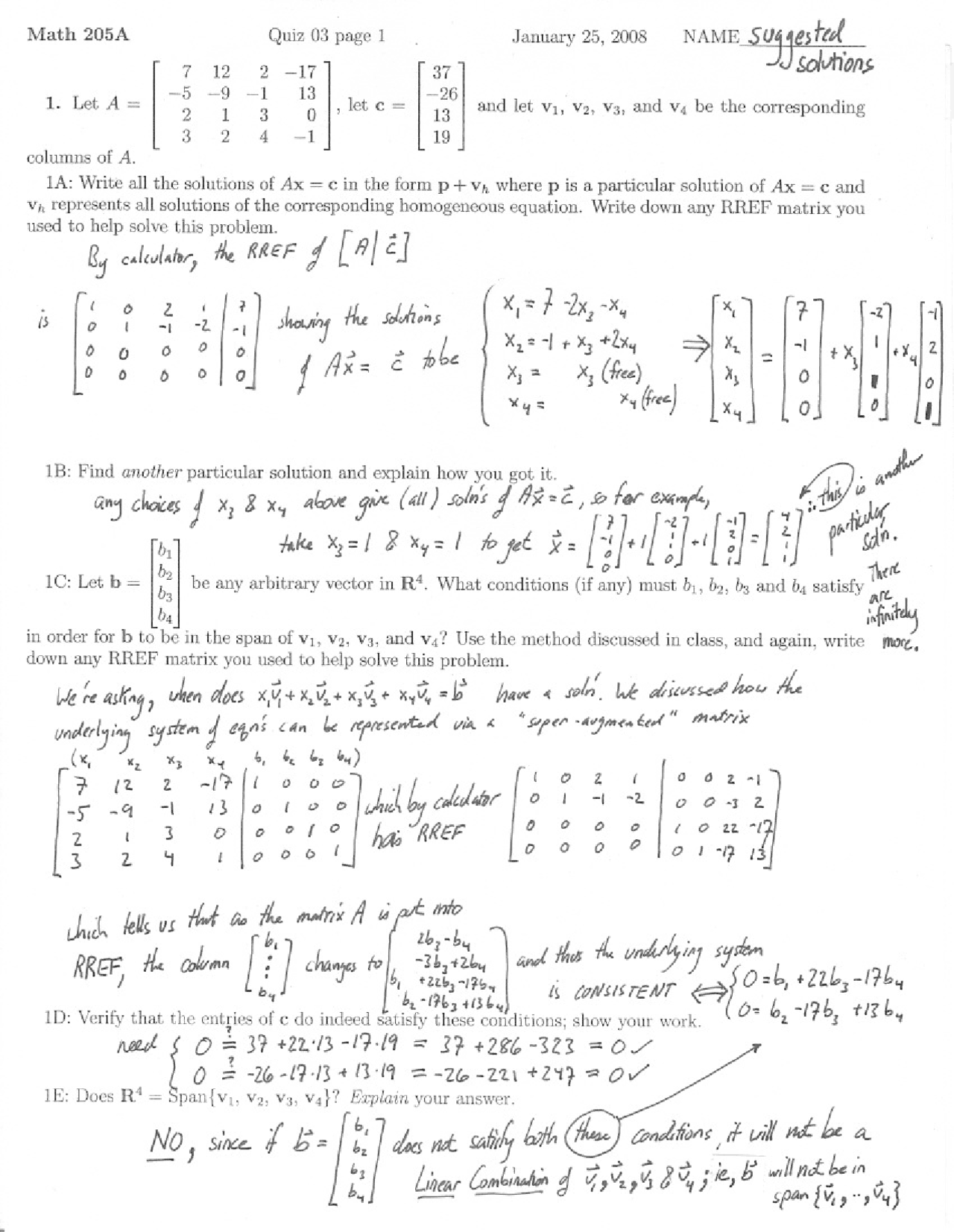 Corresponding Homogeneous Linear Algebra Quiz Solution Docsity